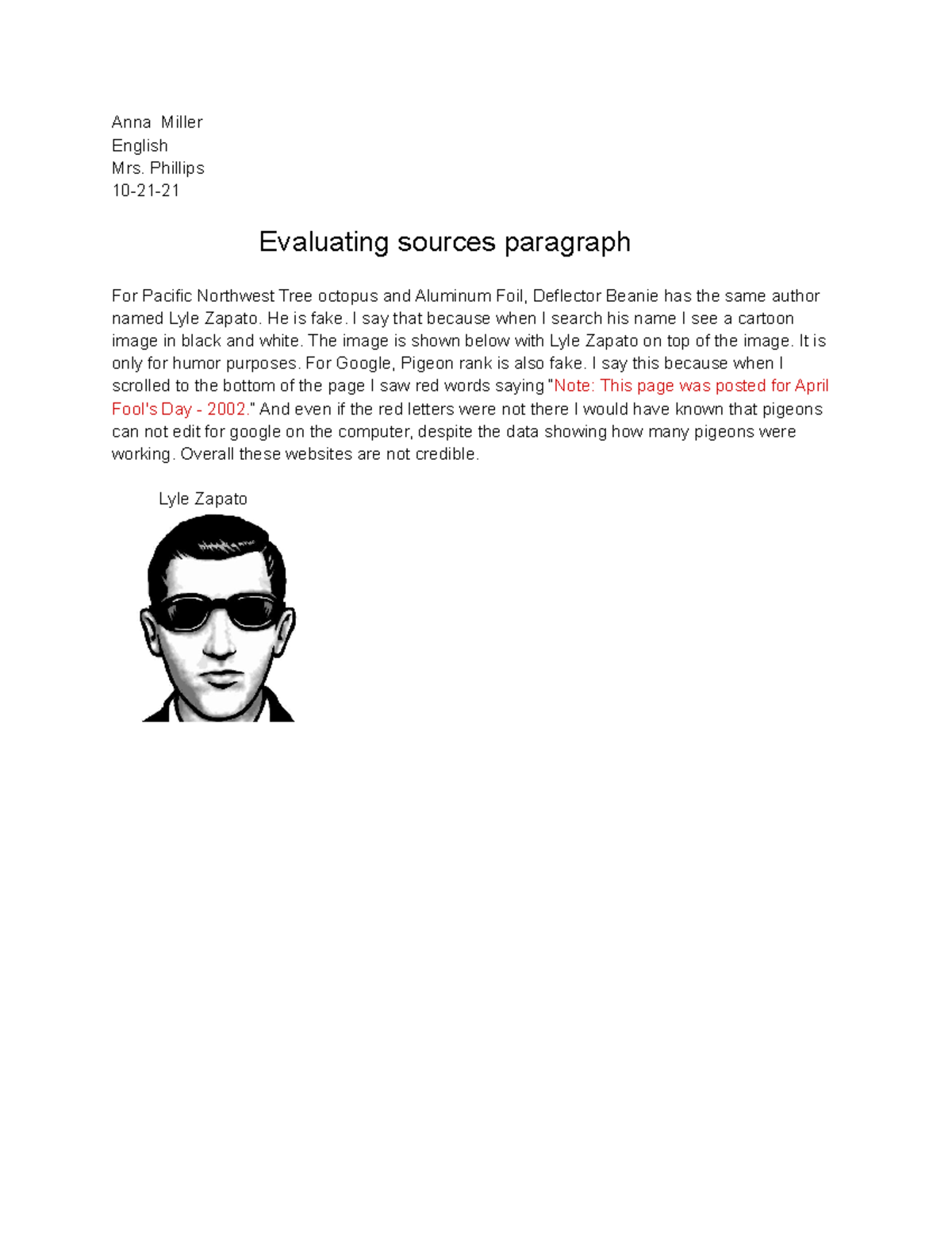 Evaluating Sources Paragraph: essay, in English course - Anna Miller ...