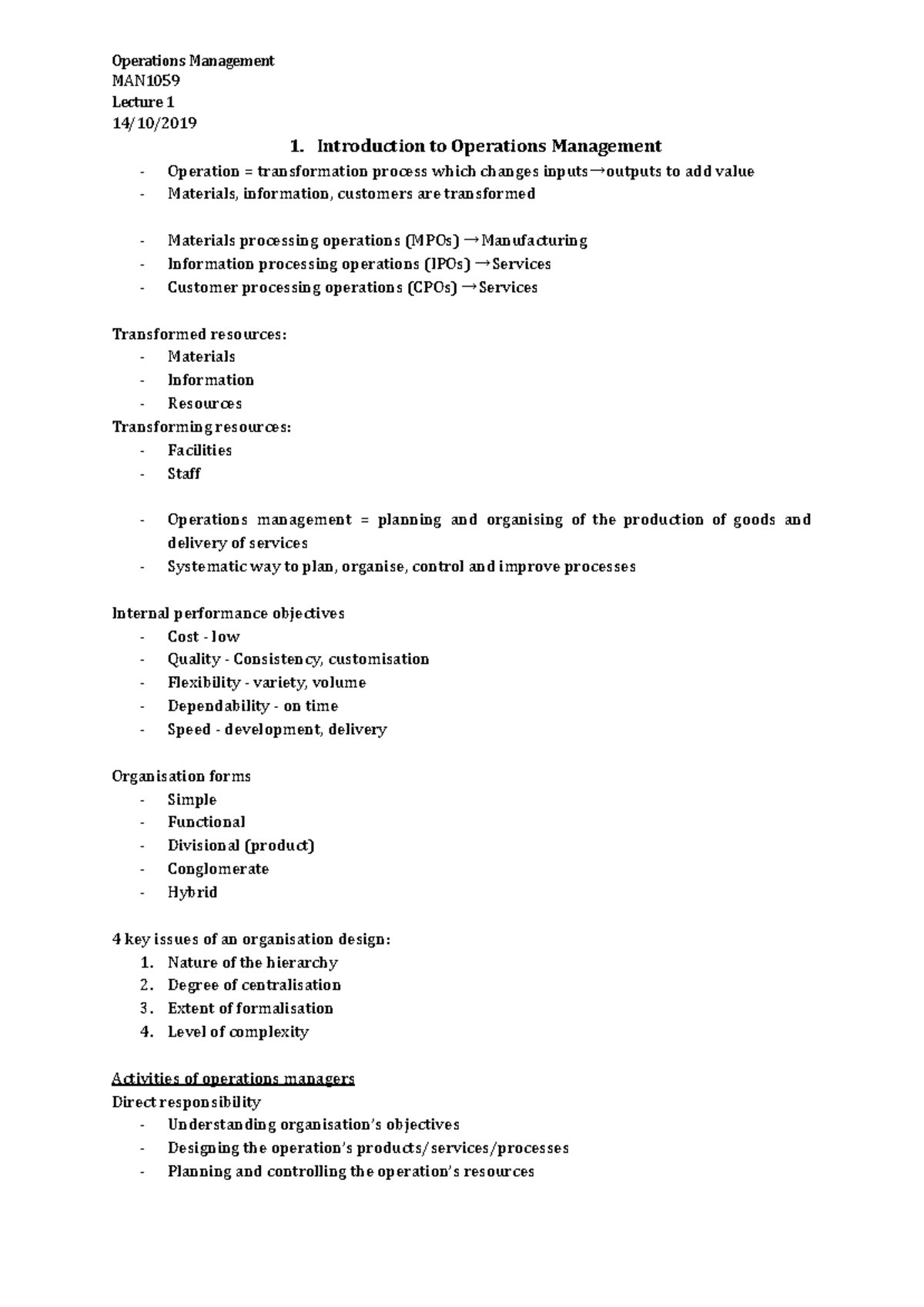 1. Introduction to Operations Management - Operations Management MAN ...