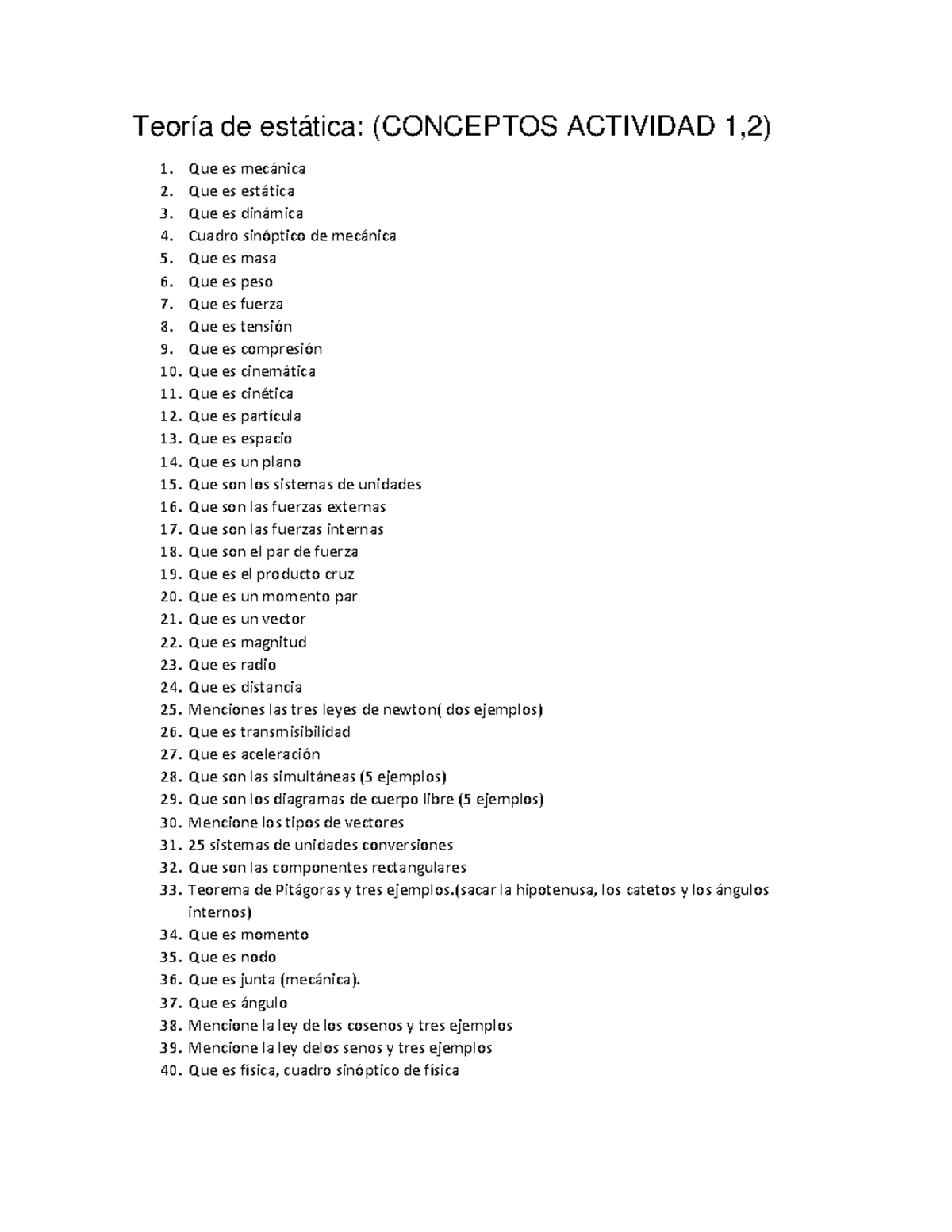 Teoria de estatica Actividad 1 2022 - Teoría de estática: (CONCEPTOS ACTIVIDAD 1,2) Que es mec ...