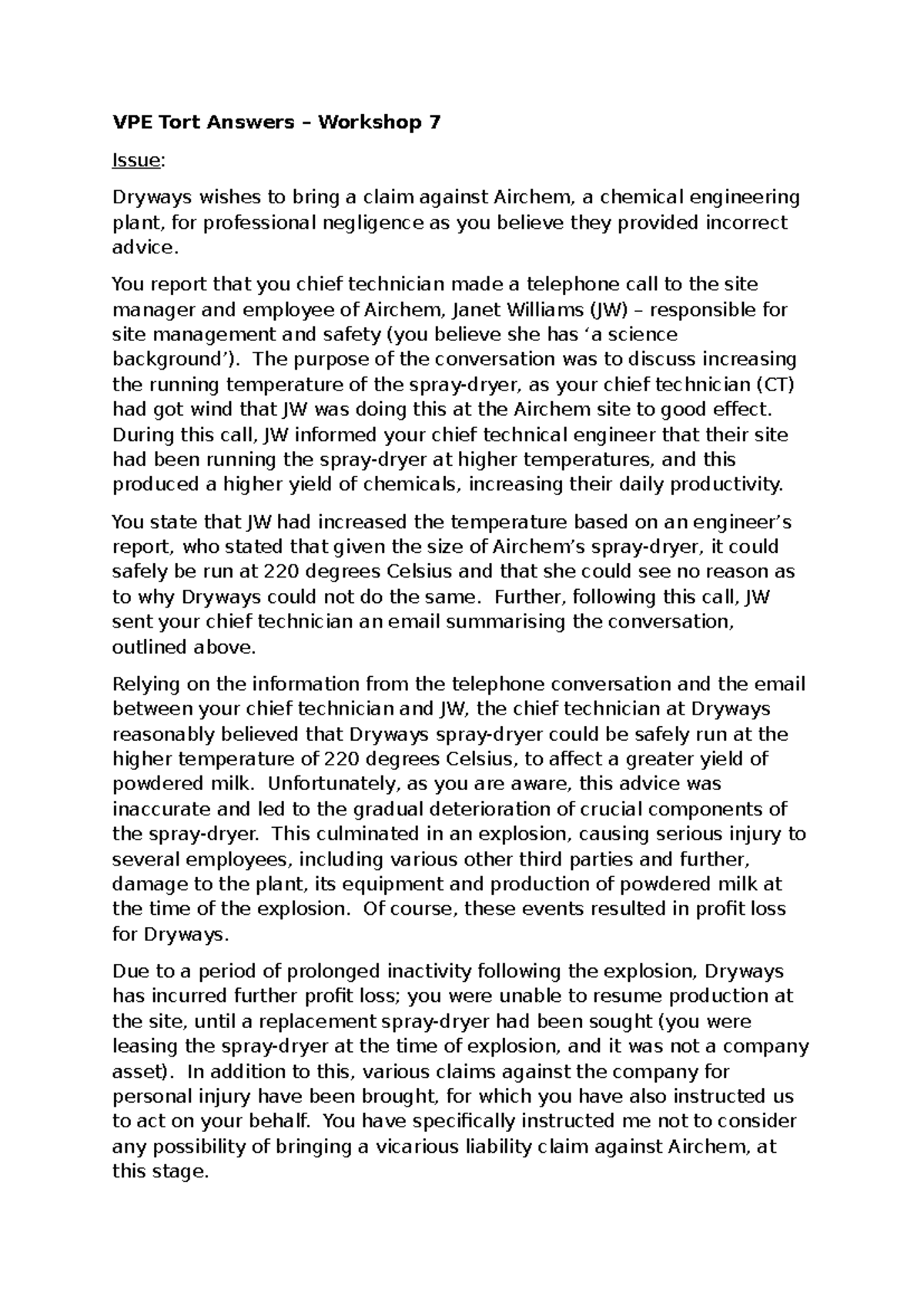 VPE 7 Tort Answers - pure economic loss - VPE Tort Answers – Workshop 7 ...