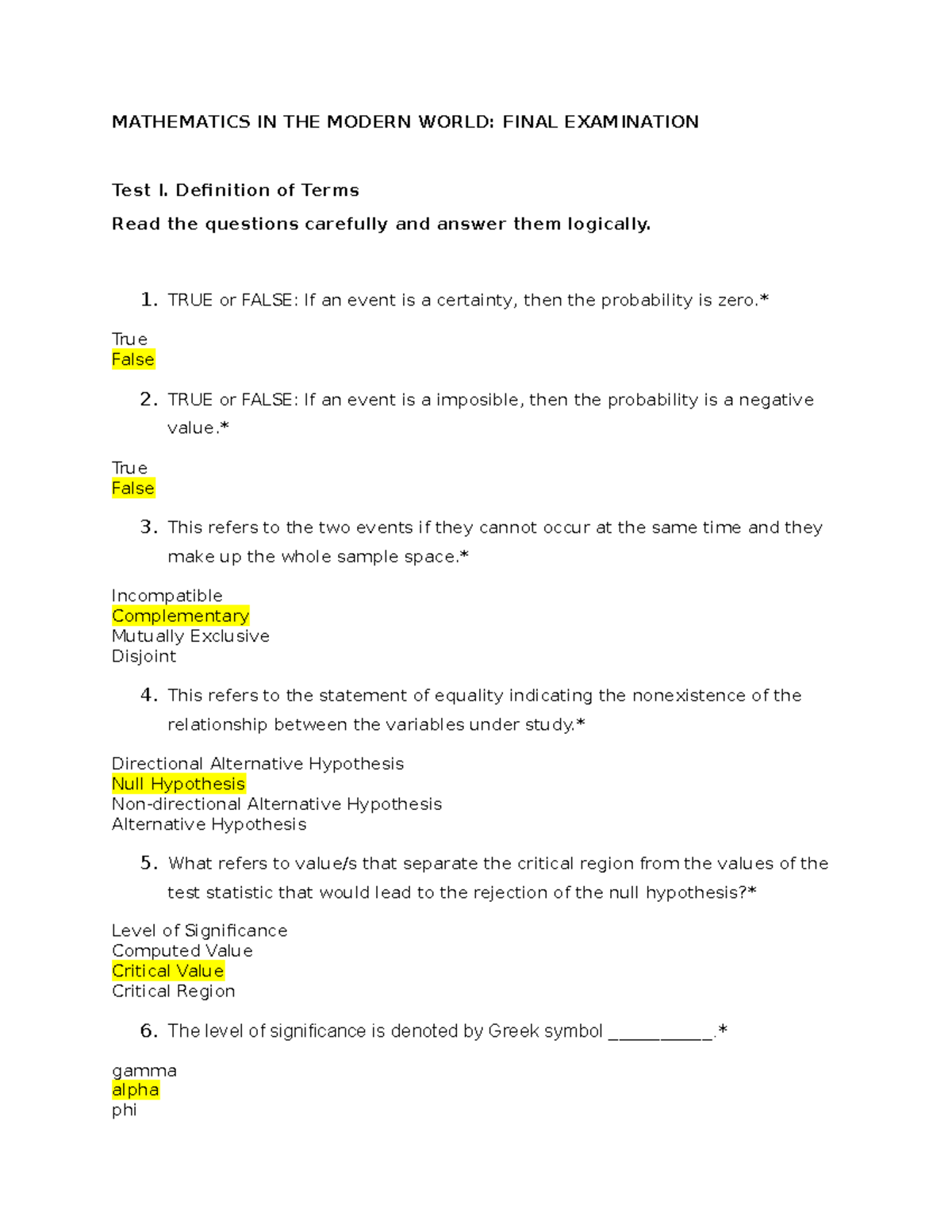 Mathematics IN THE Modern World- Final Examination - MATHEMATICS IN THE ...