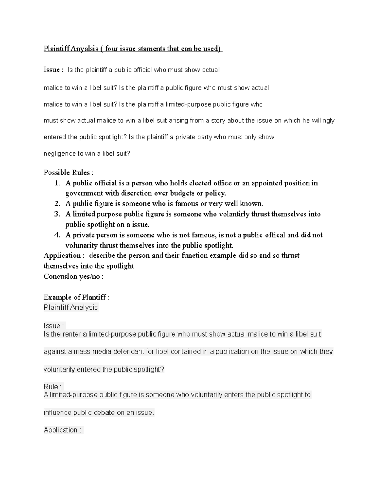 Libel Outline - Plaintiff Anyalsis ( four issue staments that can be ...