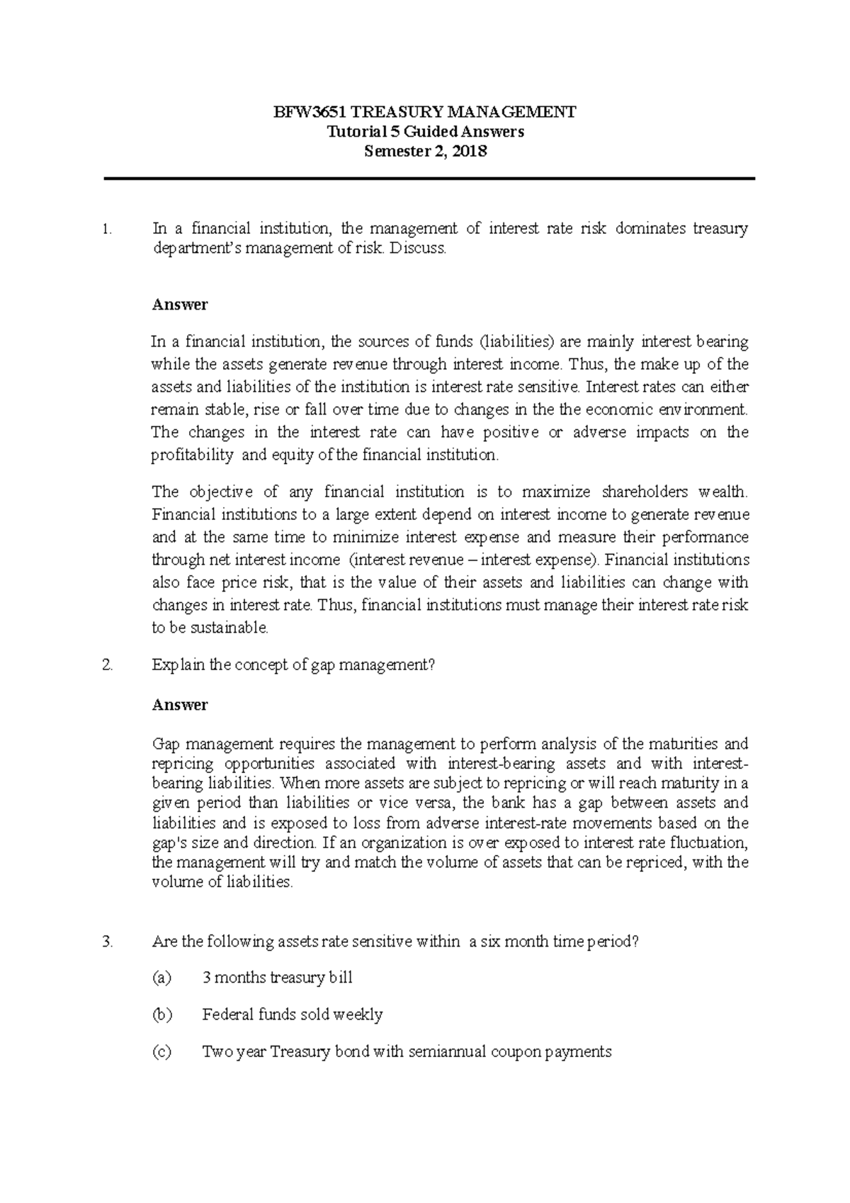 BFW3651 Semester 2, 2018 Tutorial 5 Answer Guide - BFW3651 TREASURY ...