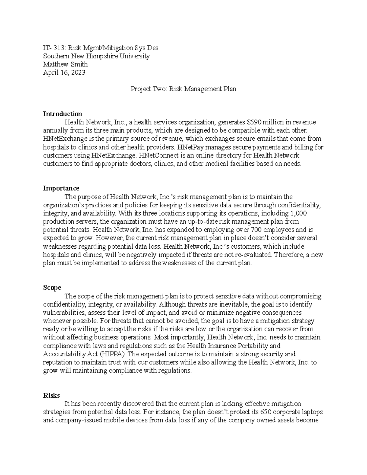 IT 313 Project Two - IT- 313: Risk Mgmt/Mitigation Sys Des Southern New ...