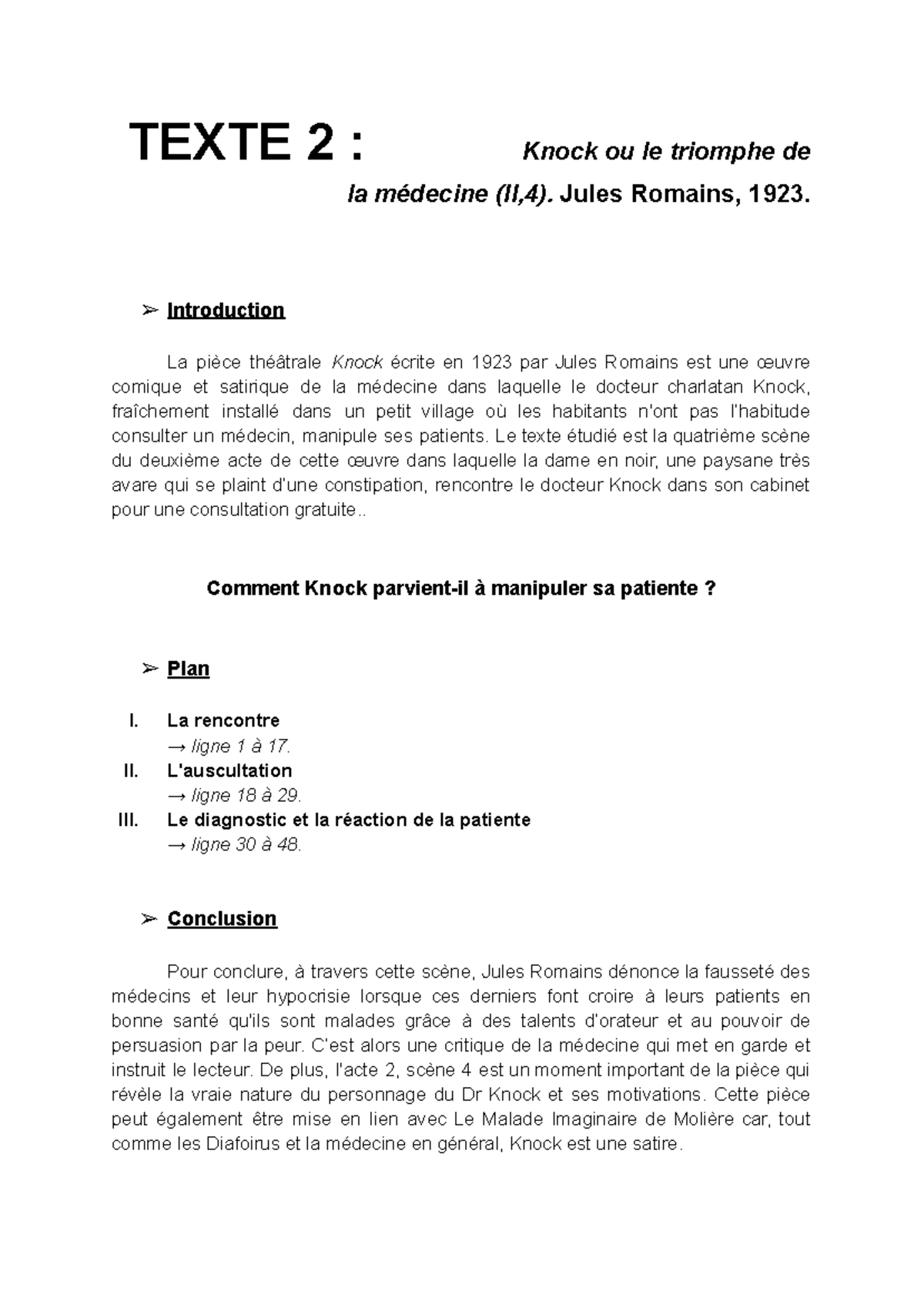 Texte 2 Knock ou le triomphe de la médecine (II,4). Jules Romains, 1923 - TEXTE 2 : Knock ou le ...