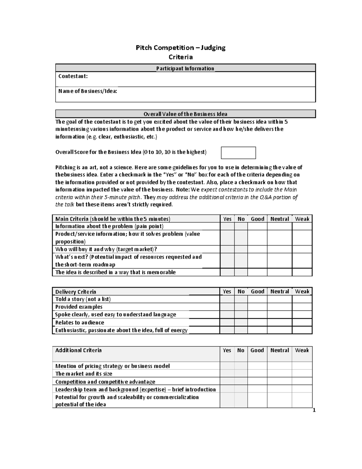 Criteria rev - 1 Pitch Competition – Judging Criteria Overall Value of ...