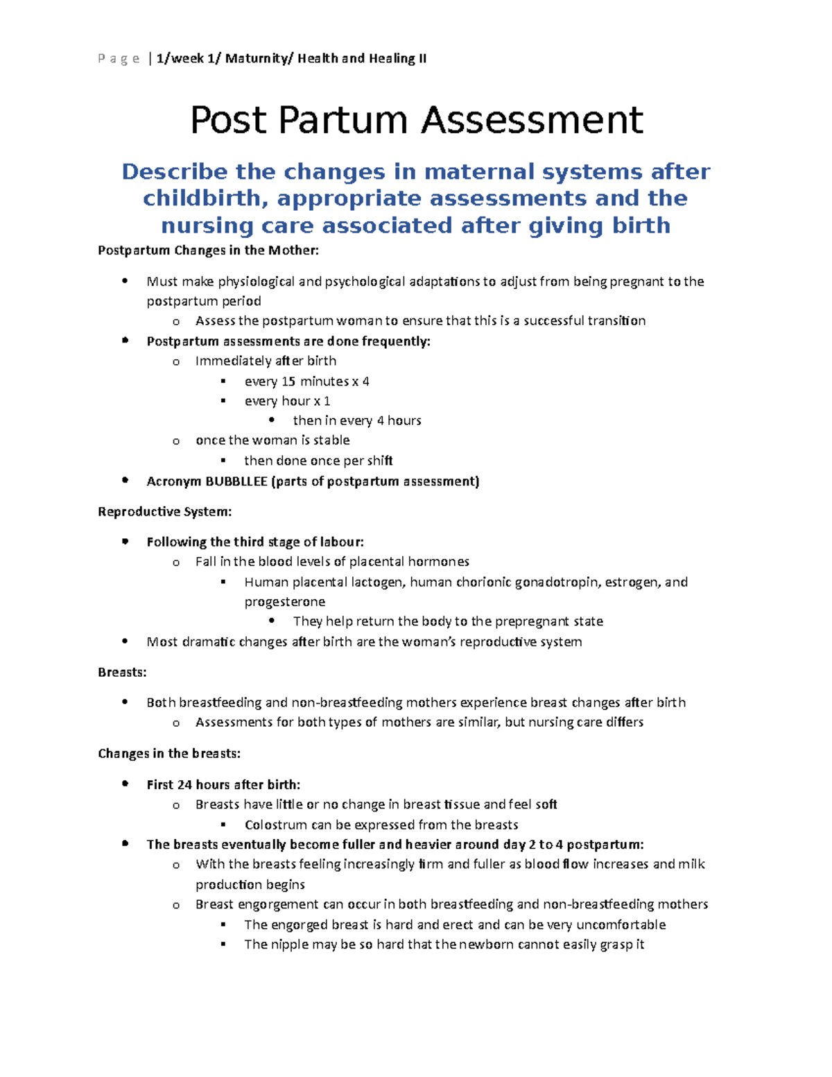 1 Post-Partum Changes - Lecture notes 1 - PNII - Durham College of ...