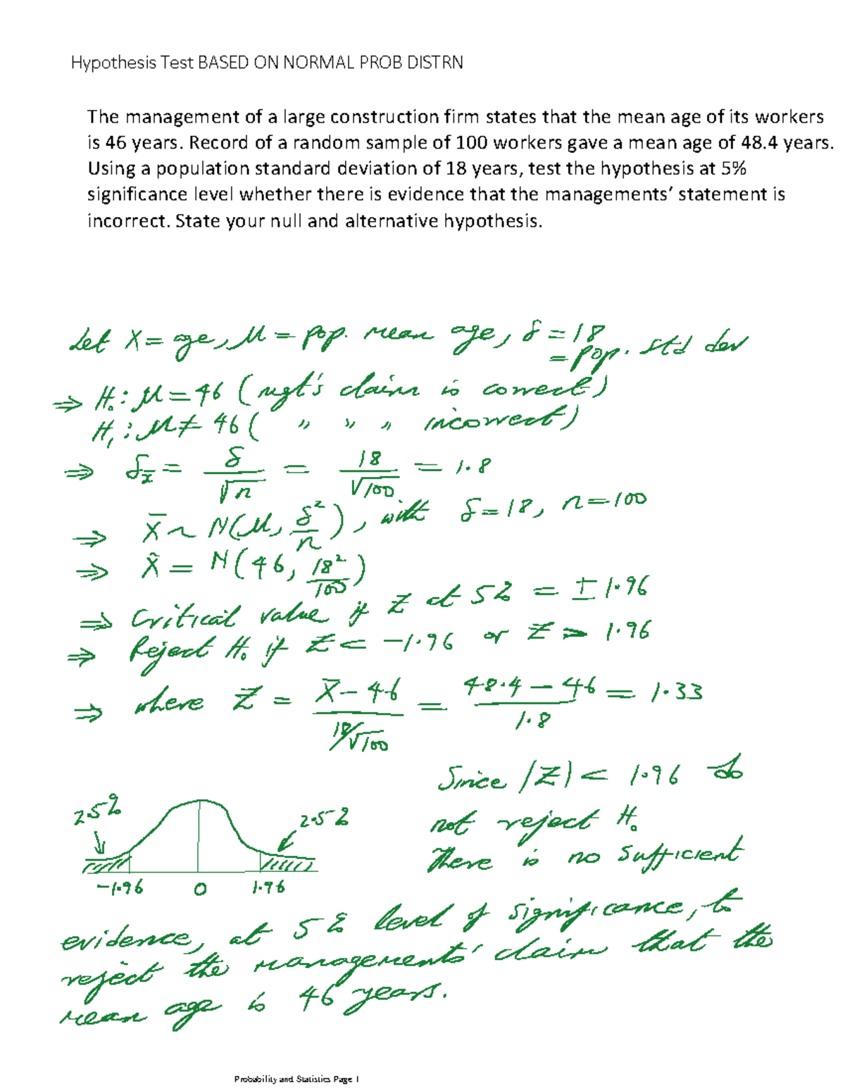 Hypothesis Test Based ON Normal PROB Distrn - Tests of hypothesis - The ...