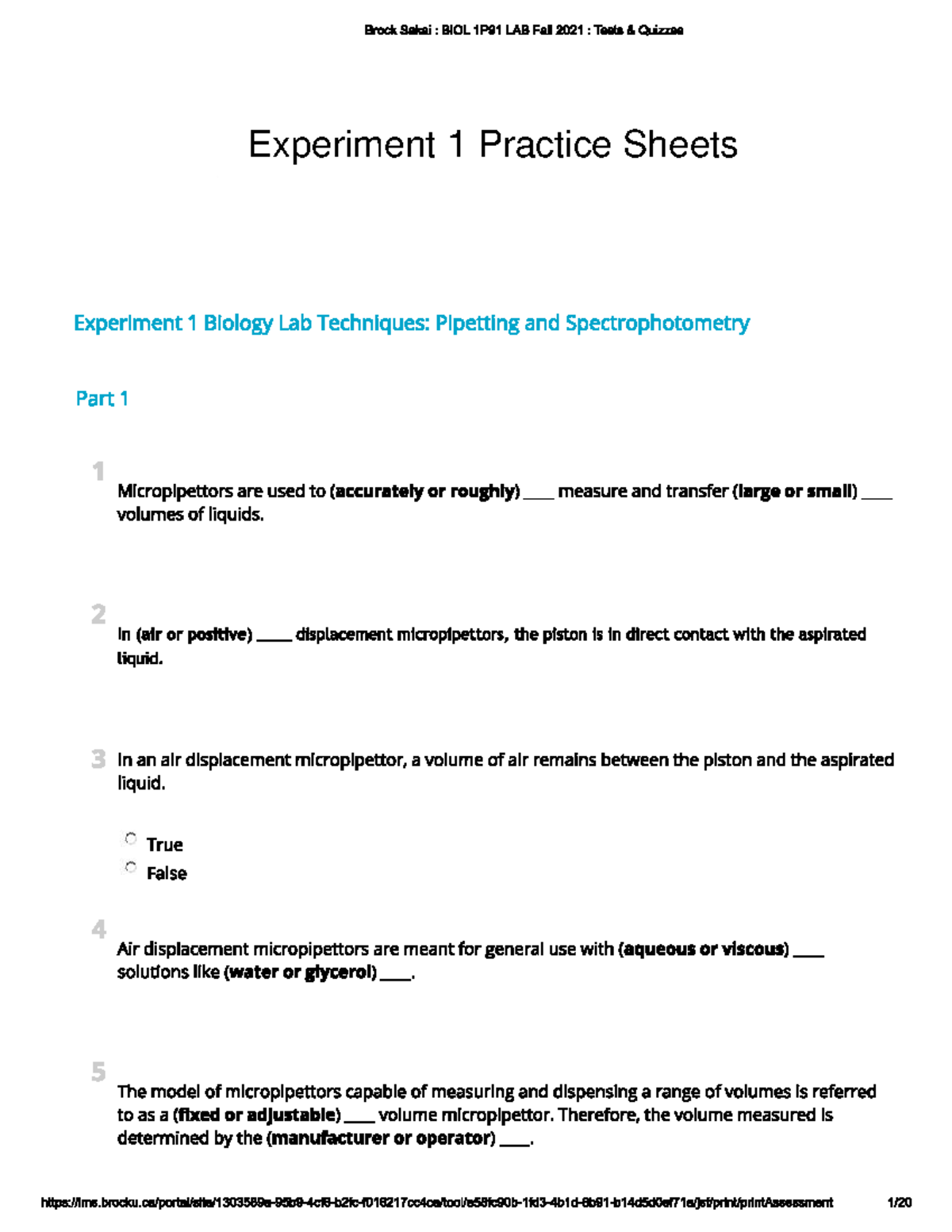 Experiment 1 Practice Sheets BIOL 1P91 Fall 2021 in person - BIOL 1P91 ...