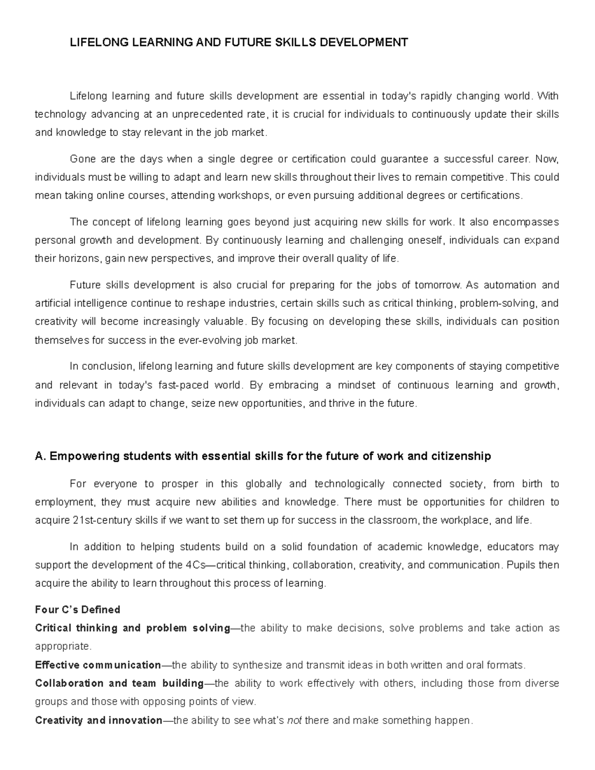 Lifelong Learning and Future Skills Development - LIFELONG LEARNING AND ...