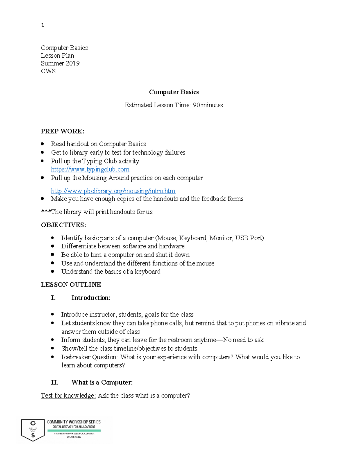 Computer Basics Lesson Plan One - Computer Basics Lesson Plan Summer ...