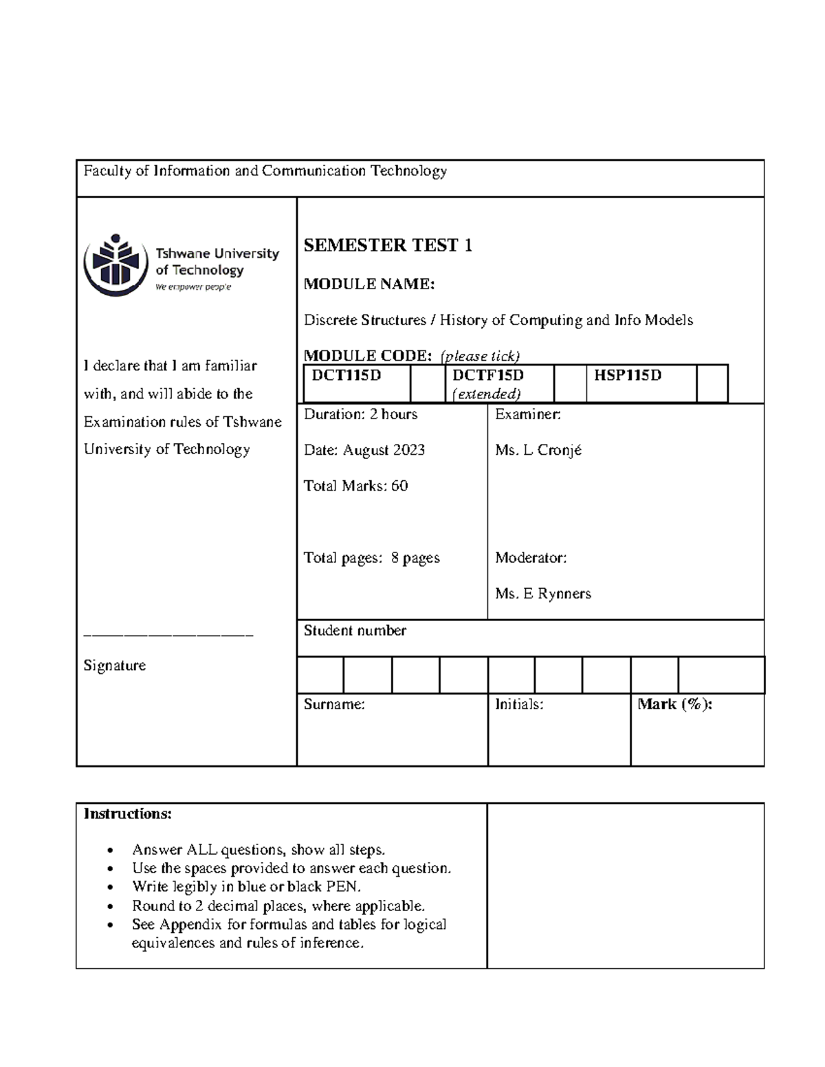 DCT HSP sem test 1 - Semester Test 1 - Instructions: Answer ALL ...