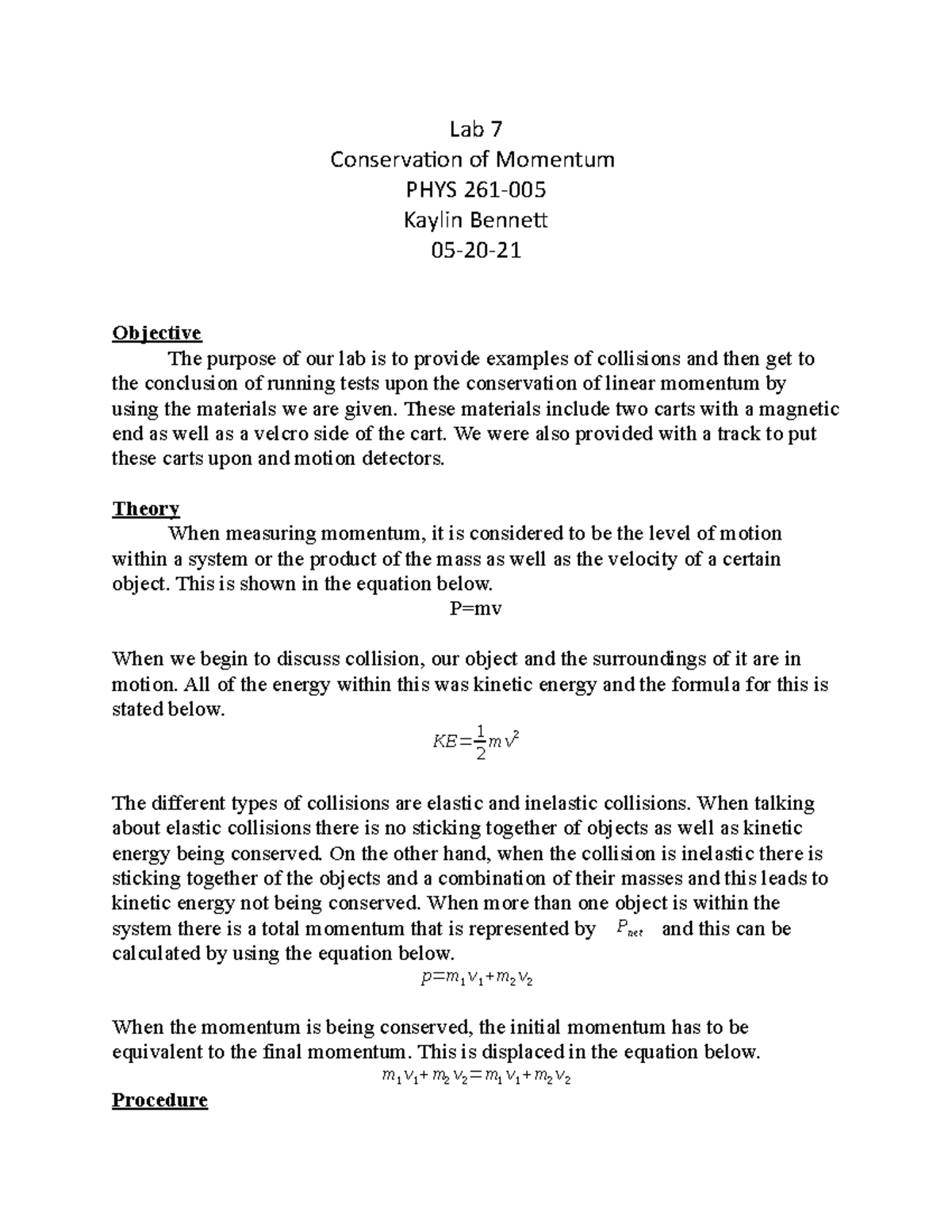 Lab 7 - Grade: A - PHYS 261 - LA Tech - Studocu