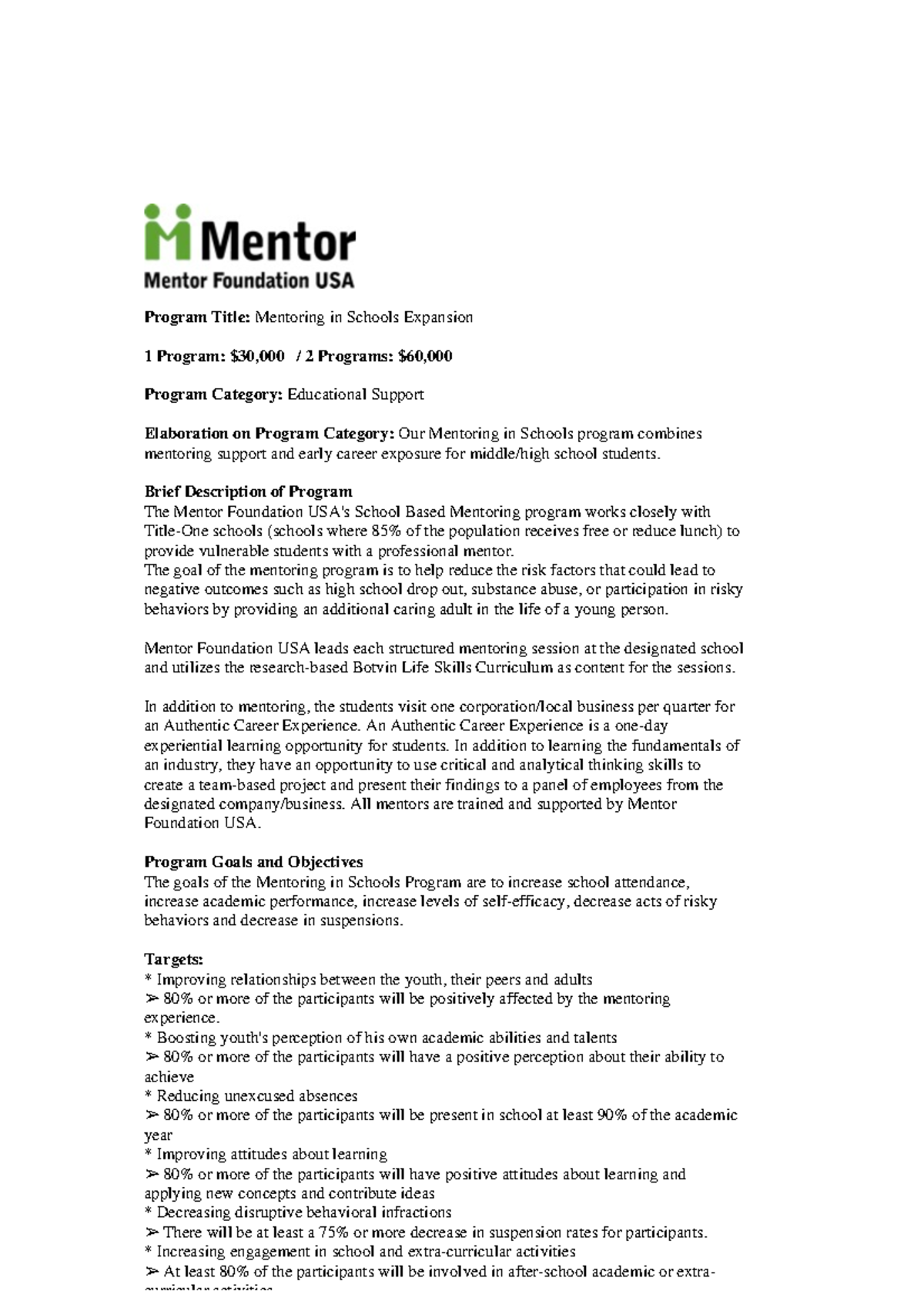 Mentoring in Schools Proposal - Program Title: Mentoring in Schools ...