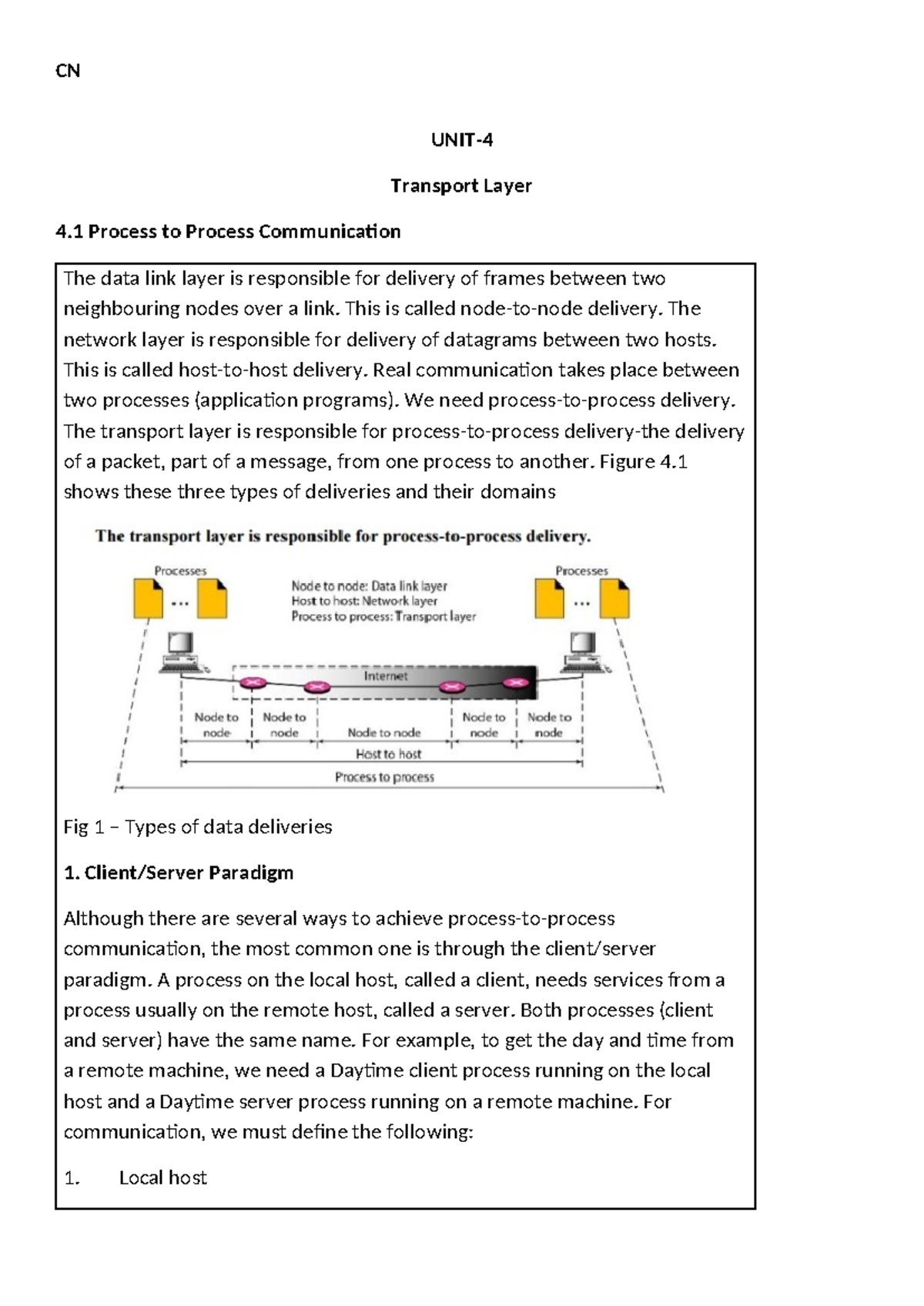 CN unit 4 - Transport Layer: Process to Process Communication, User ...