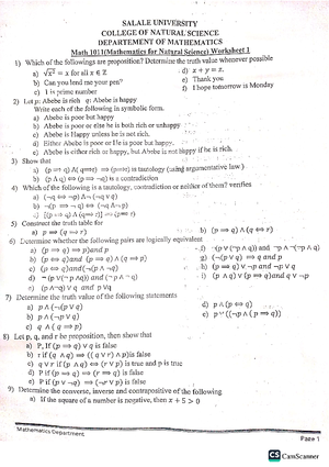 Math 1011(Mathematics for Natural Science) Worksheet 1 - SALALE UNIVERSITY COLLEGE OF NATURAL ...