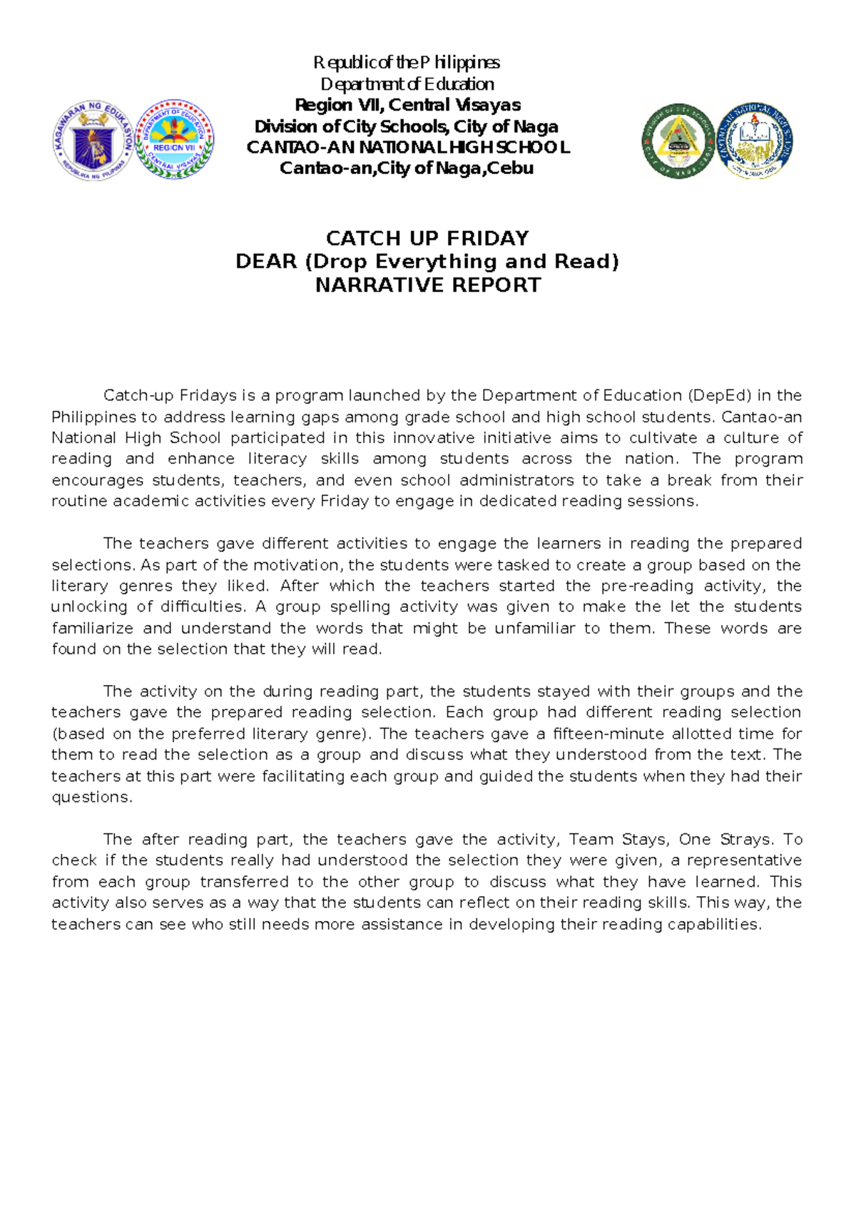 DEAR Narrative Report FEB. 23, 2024 - R epublic of the P hilippines ...