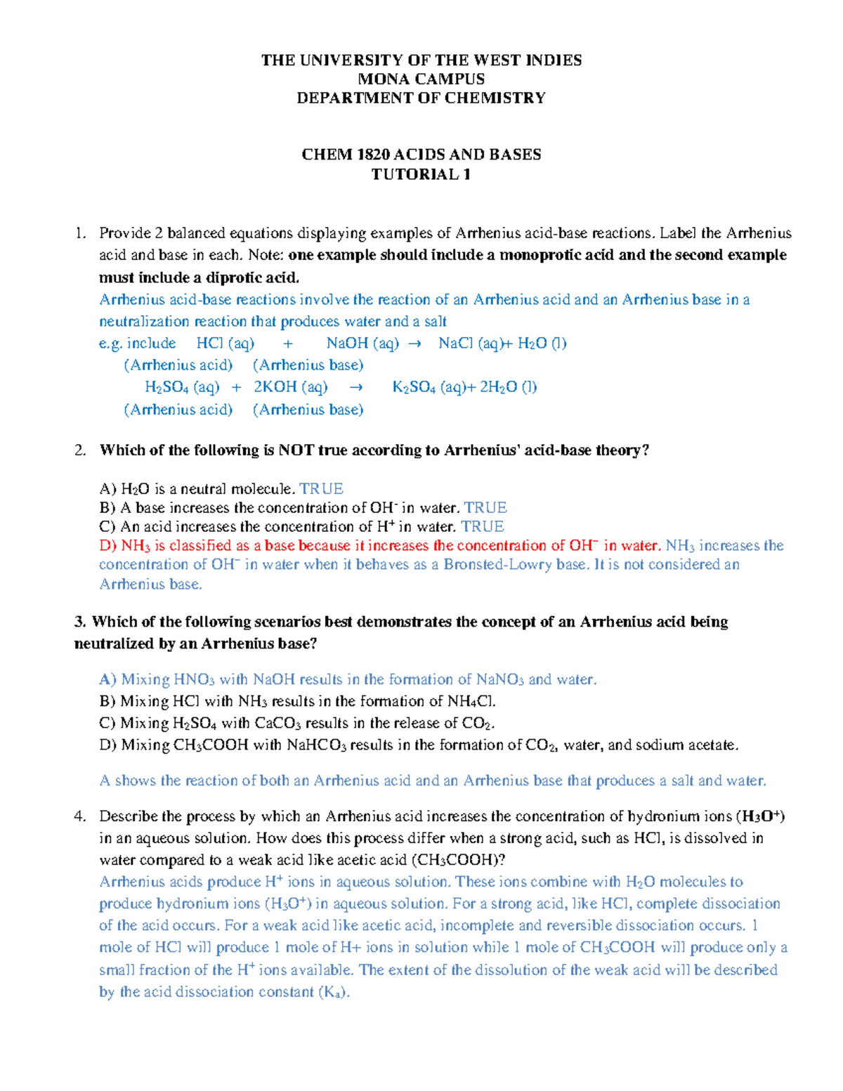 CHEM 1820 Tutorial 1 Acids and Bases solutions - THE UNIVERSITY OF THE ...