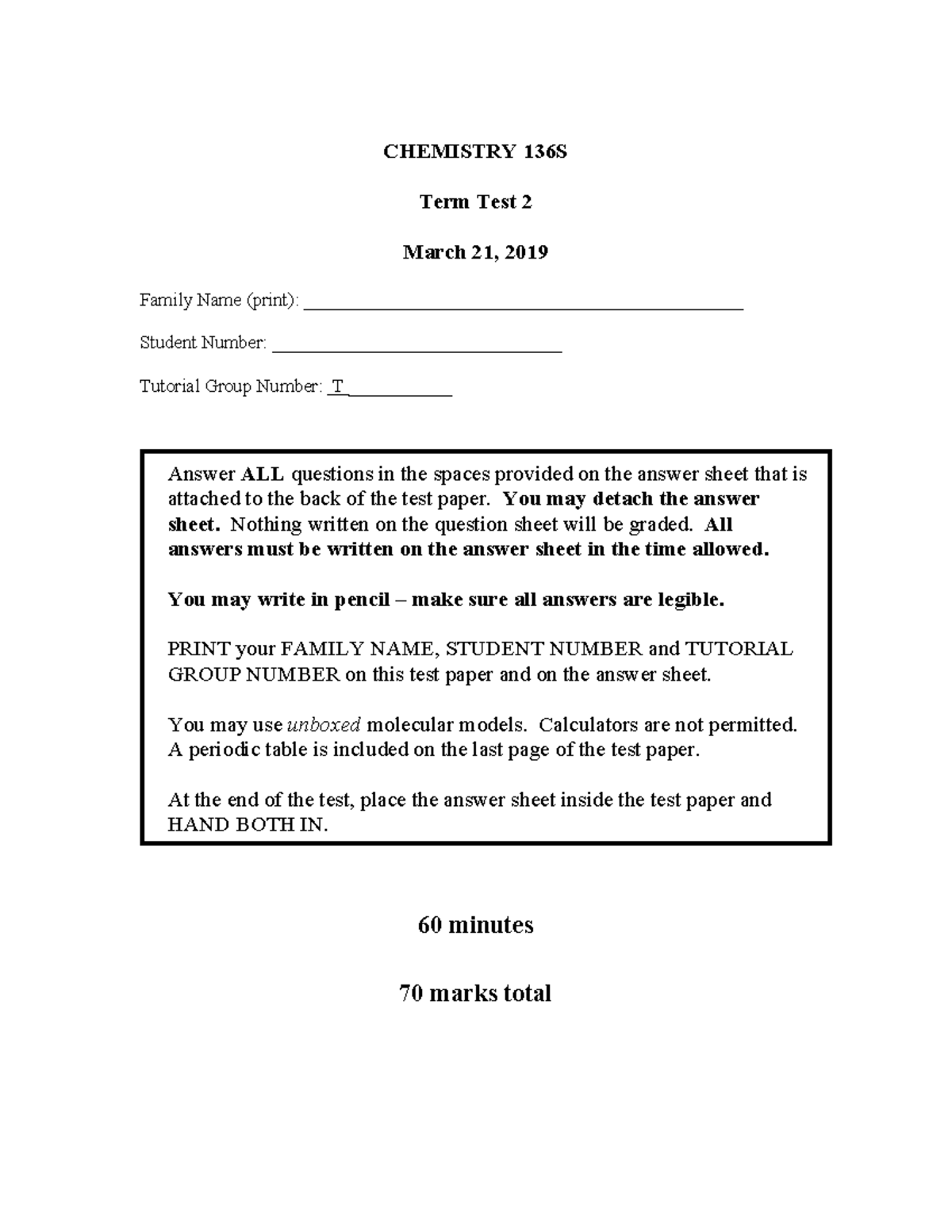 CHM136 TT2 (19S) ( Final) Practice test - CHEMISTRY 136S Term Test 2 ...
