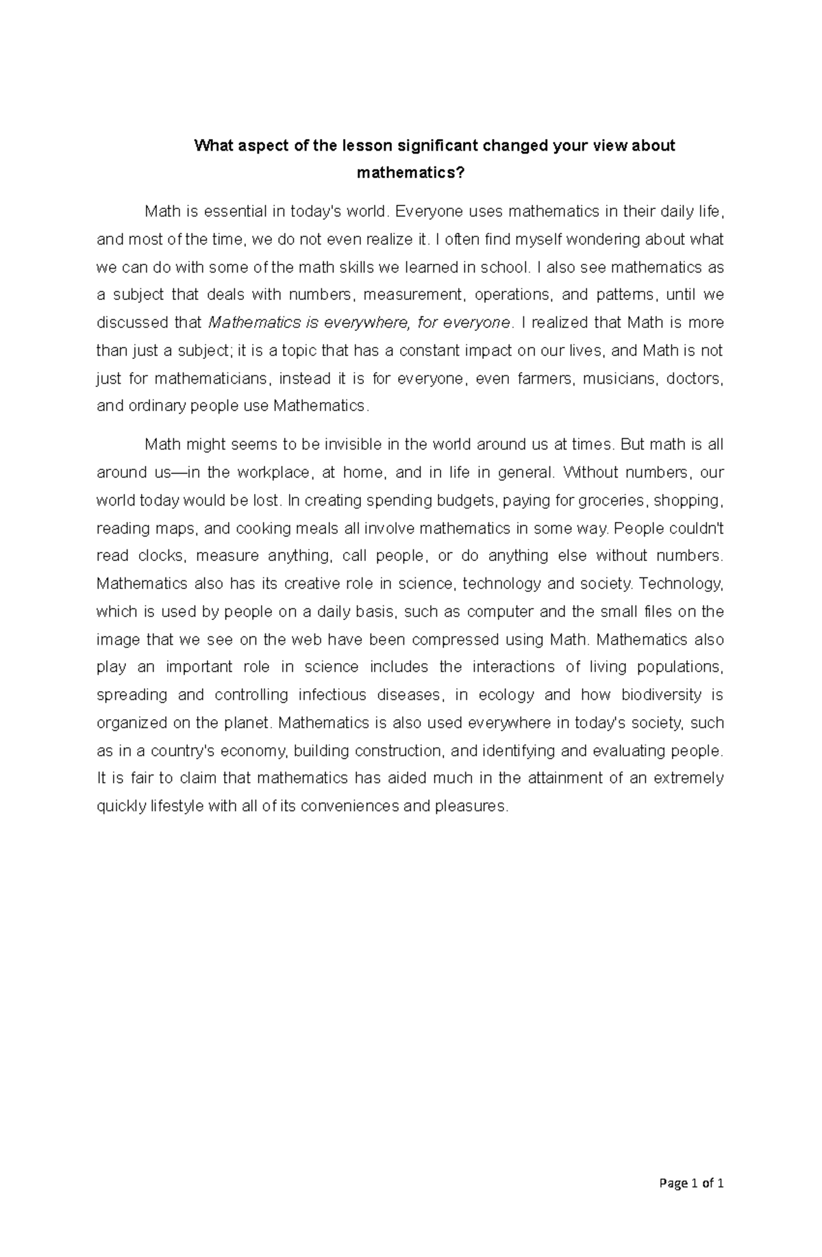 Nature Of Mathematics What Aspect Of The Lesson Significant Changed