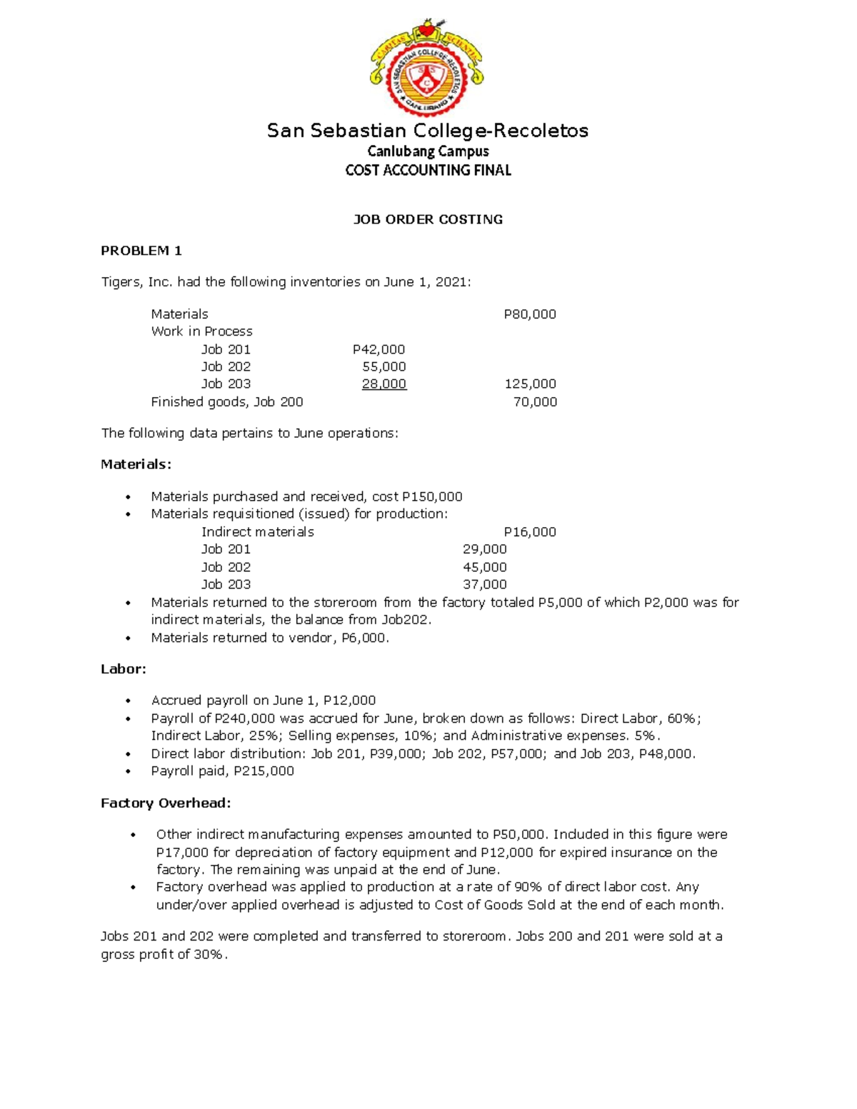 COST Accounting AND Control Final - San Sebastian College-Recoletos ...