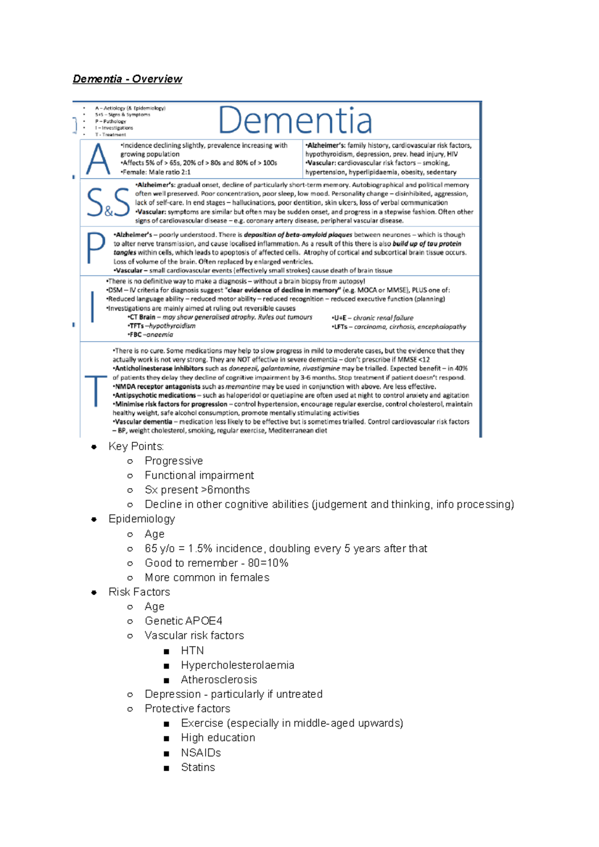 Dementia Overview - Lecture notes Year 4 Psychiatry - Dementia ...