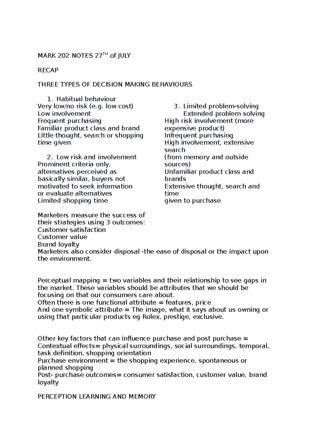 Perception AND Senses Notes - MARK 202 NOTES 27TH of JULY RECAP THREE ...