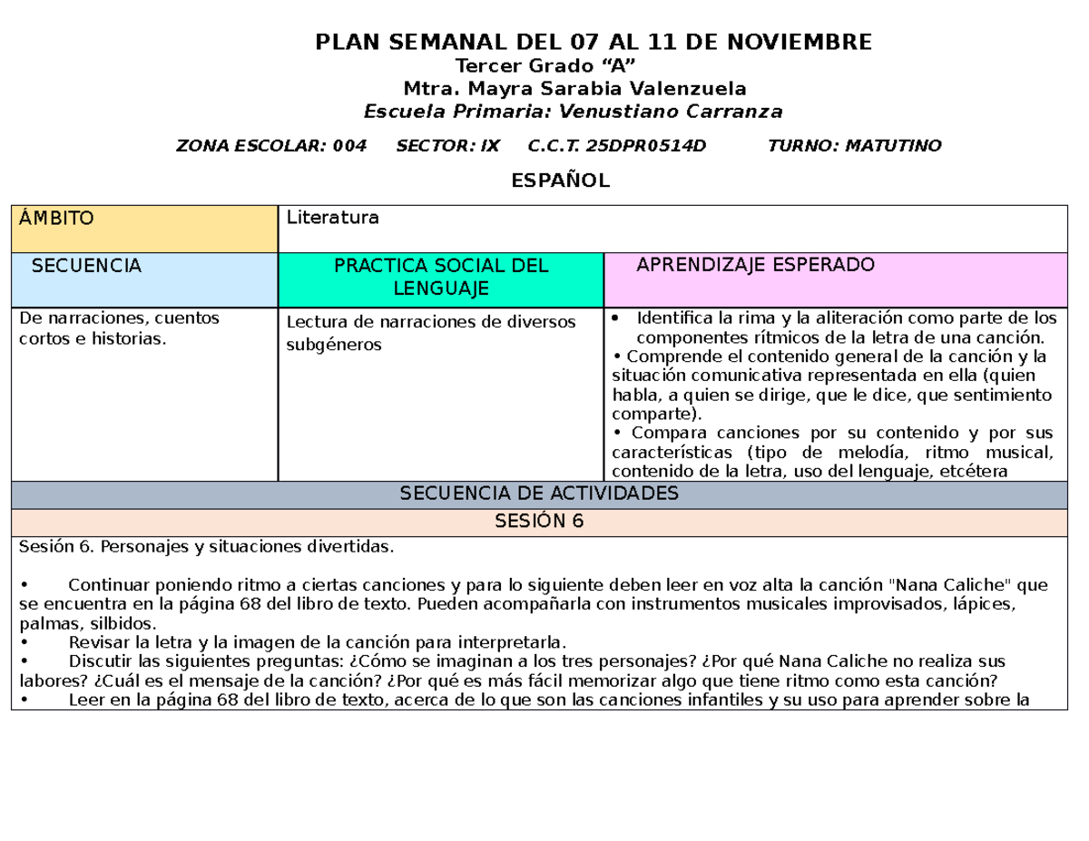 PLAN 3°A Semana DEL 7 AL 11 DE Noviembre - PLAN SEMANAL DEL 07 AL 11 DE ...