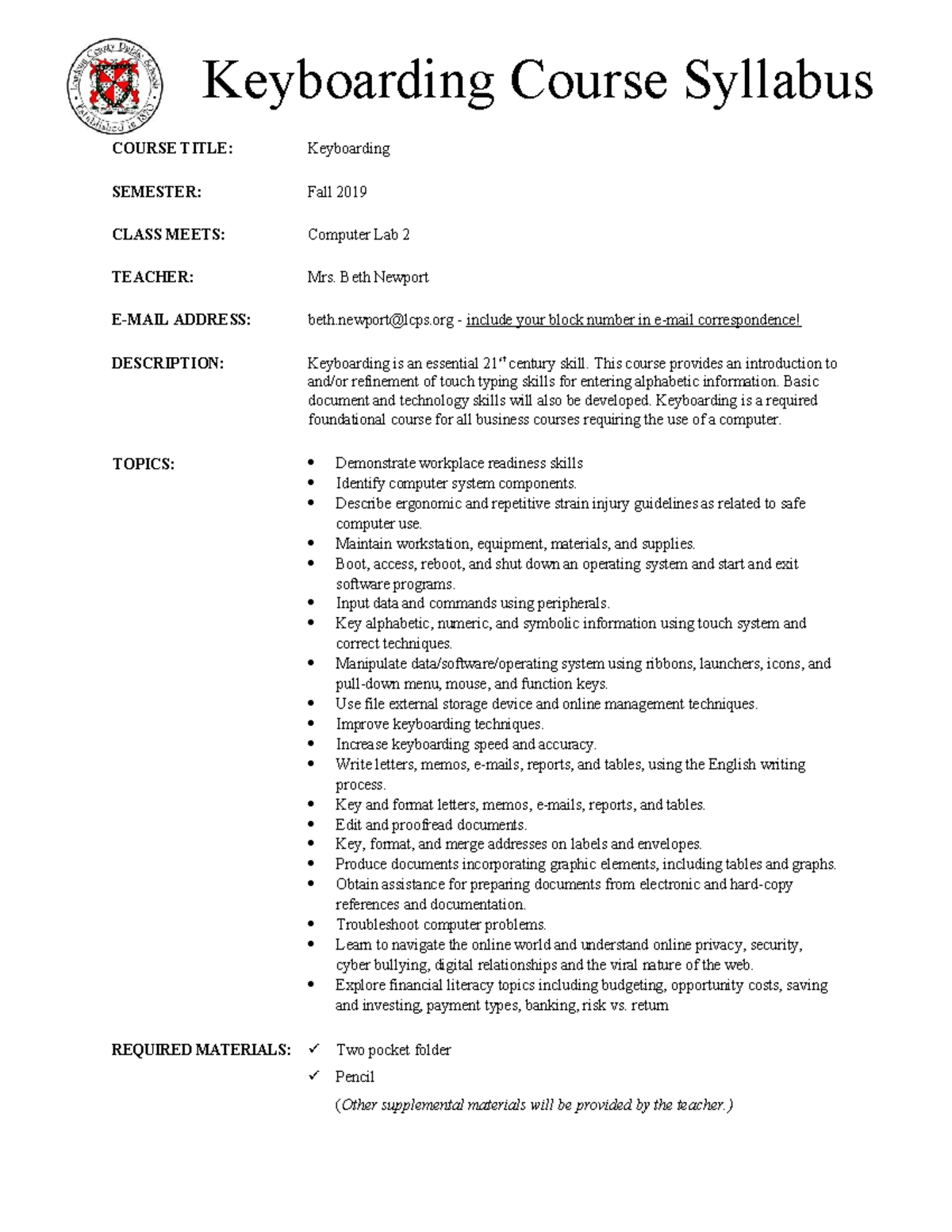 Keyboarding Syllabus - this is old - Keyboarding Course Syllabus COURSE ...