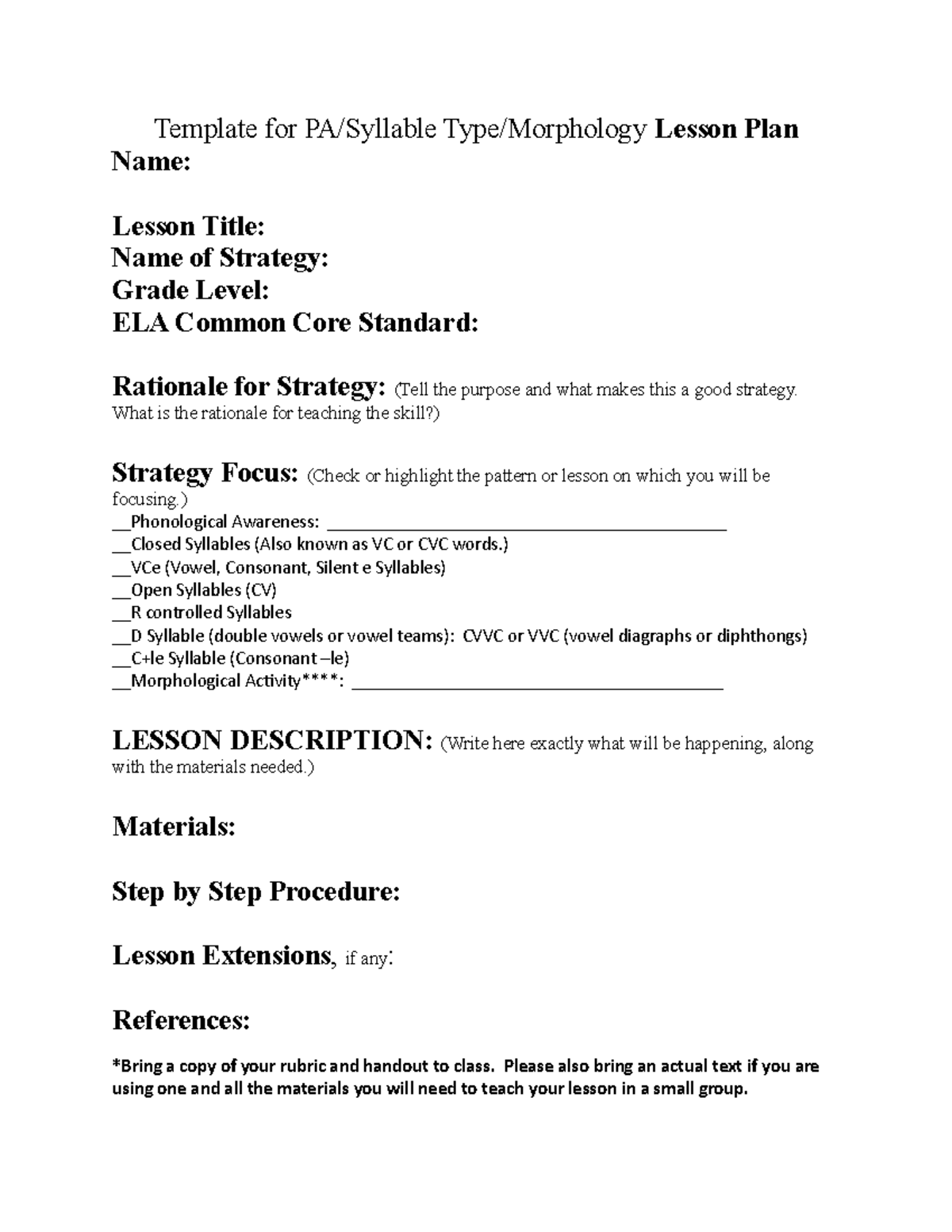Template for PA, Syllable Type, Morphology Lesson Plan1 - Template for ...