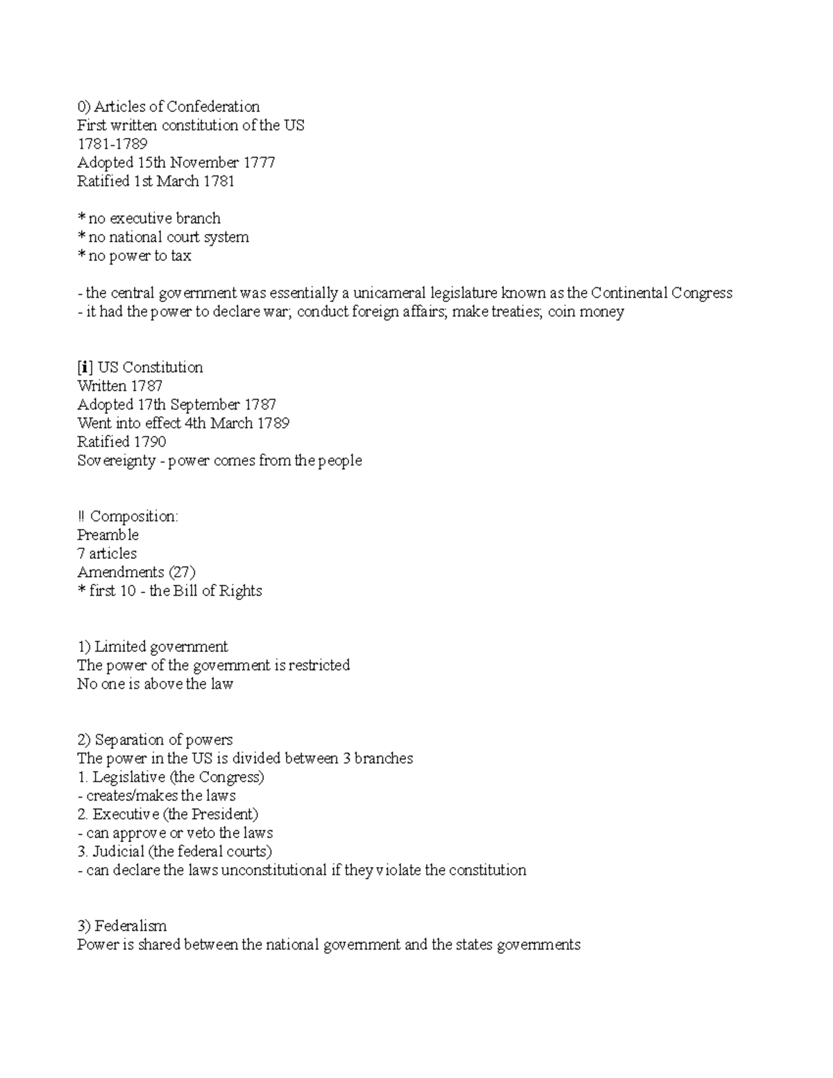 US Constitution (Notes) - Articles of Confederation First written ...