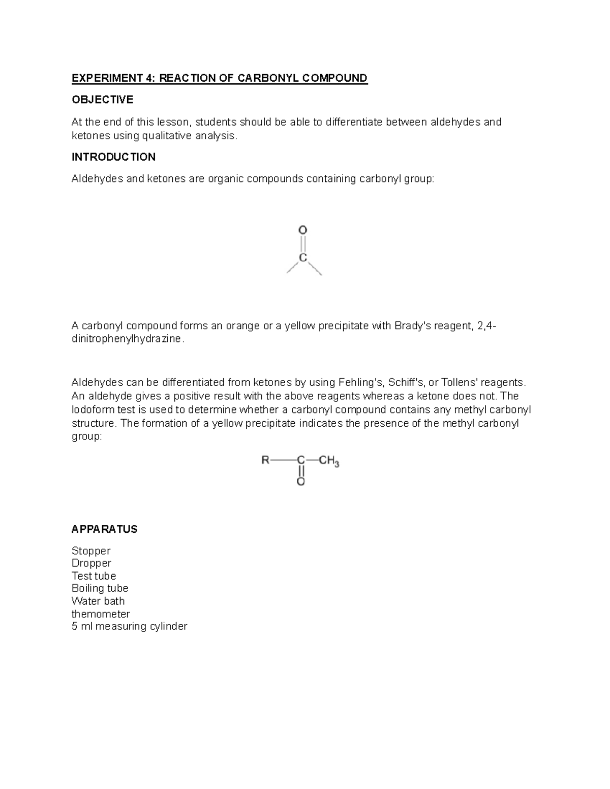 Experiment 4 - assigment kimia REACTION OF CARBONYL COMPOUND ...