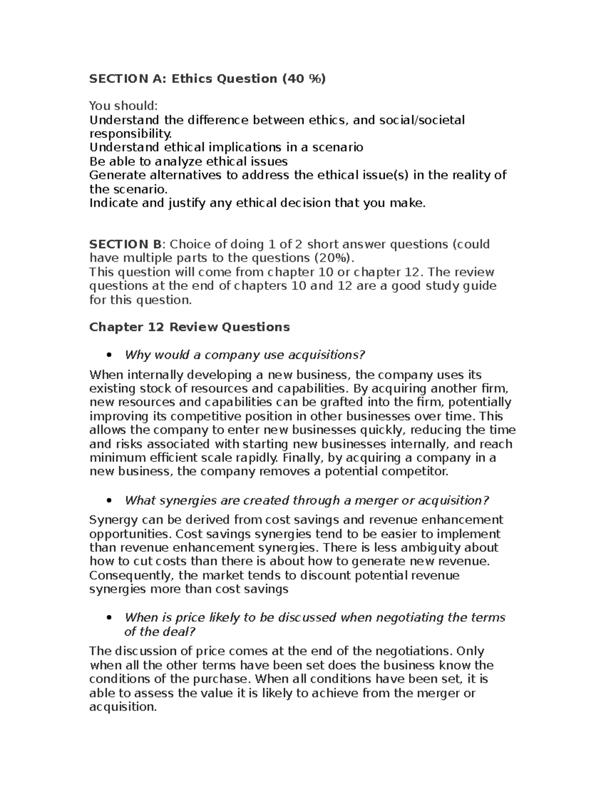 4050 Final Exam Study Guide - SECTION A: Ethics Question (40 %) You ...