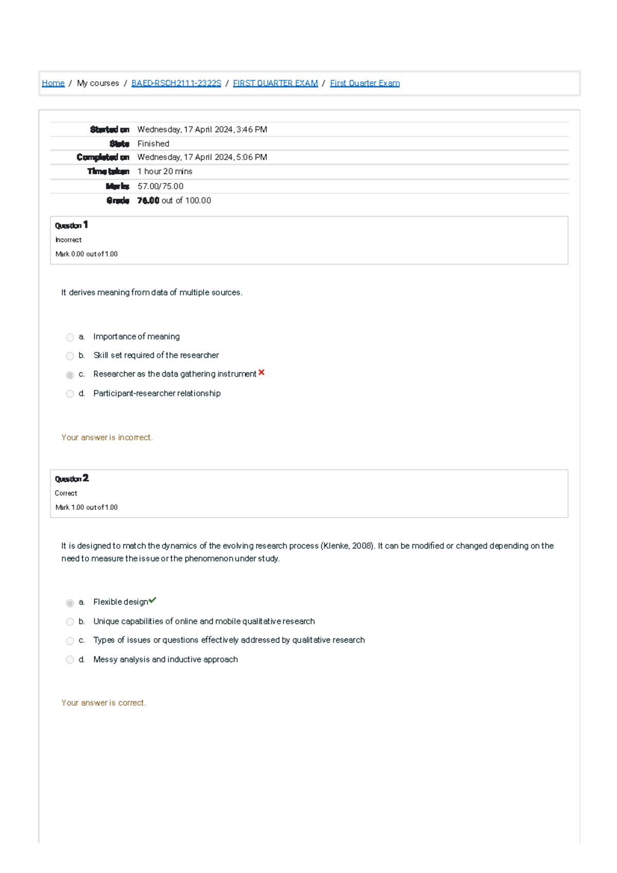 First Quarter Exam Attempt review - Home / My courses / BAED-RSCH2111 ...