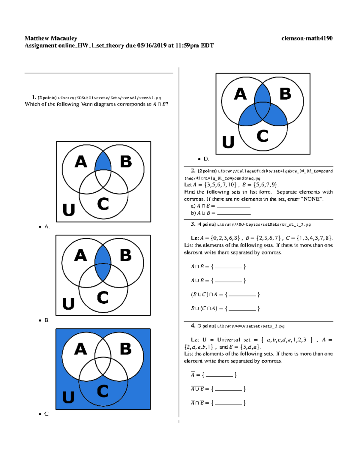 M19 math4190 hw01 - Computer science - Matthew Macauley clemson-math Assignment online HW 1 set ...