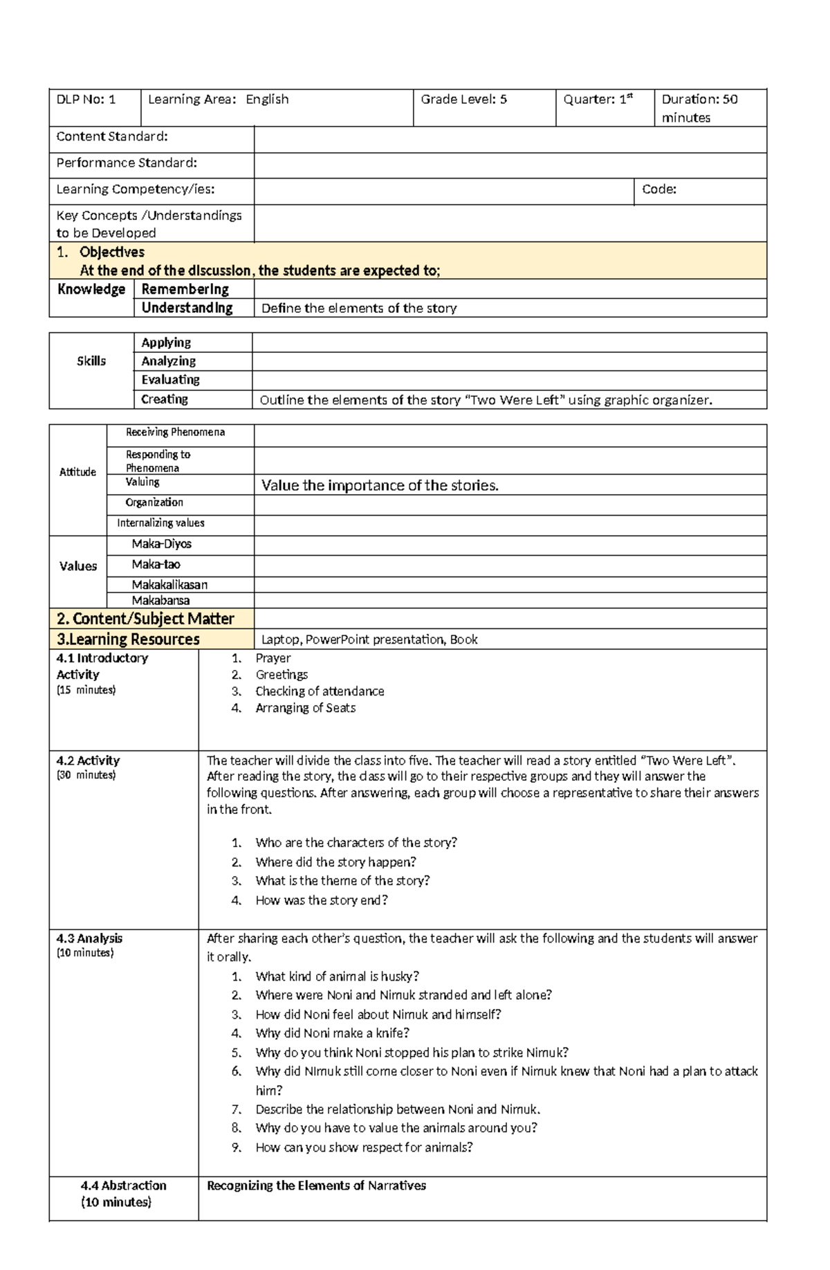 ENGL lesson plan(elements of story) - DLP No: 1 Learning Area: English Grade Level: 5 Quarter ...