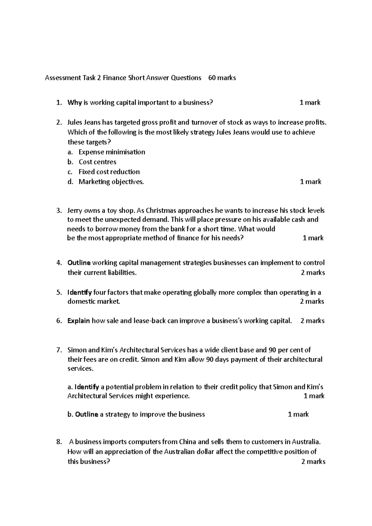 Ass task 2 finance SA questions Final - Assessment Task 2 Finance Short ...