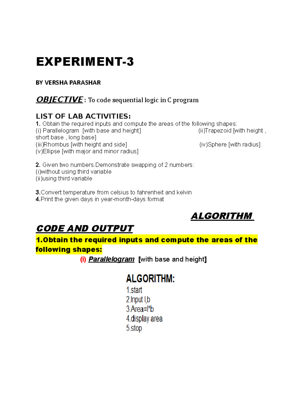 Exp 3 - Experiment - EXPERIMENT- BY VERSHA PARASHAR OBJECTIVE : To code sequential logic in C ...
