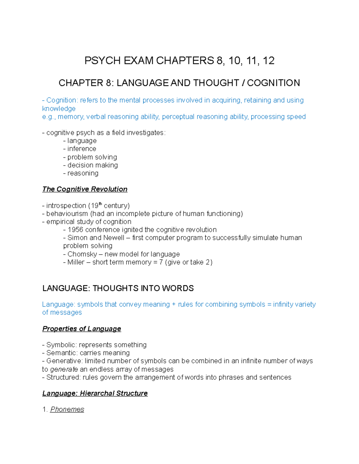 Pych Ch. 8-12 Study Notes - PSYCH EXAM CHAPTERS 8, 10, 11, 12 CHAPTER 8 ...