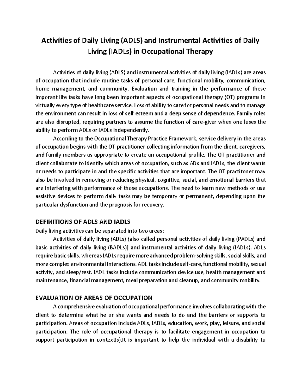 Activities of Daily Living (ADLS) and Instrumental Activities of Daily ...