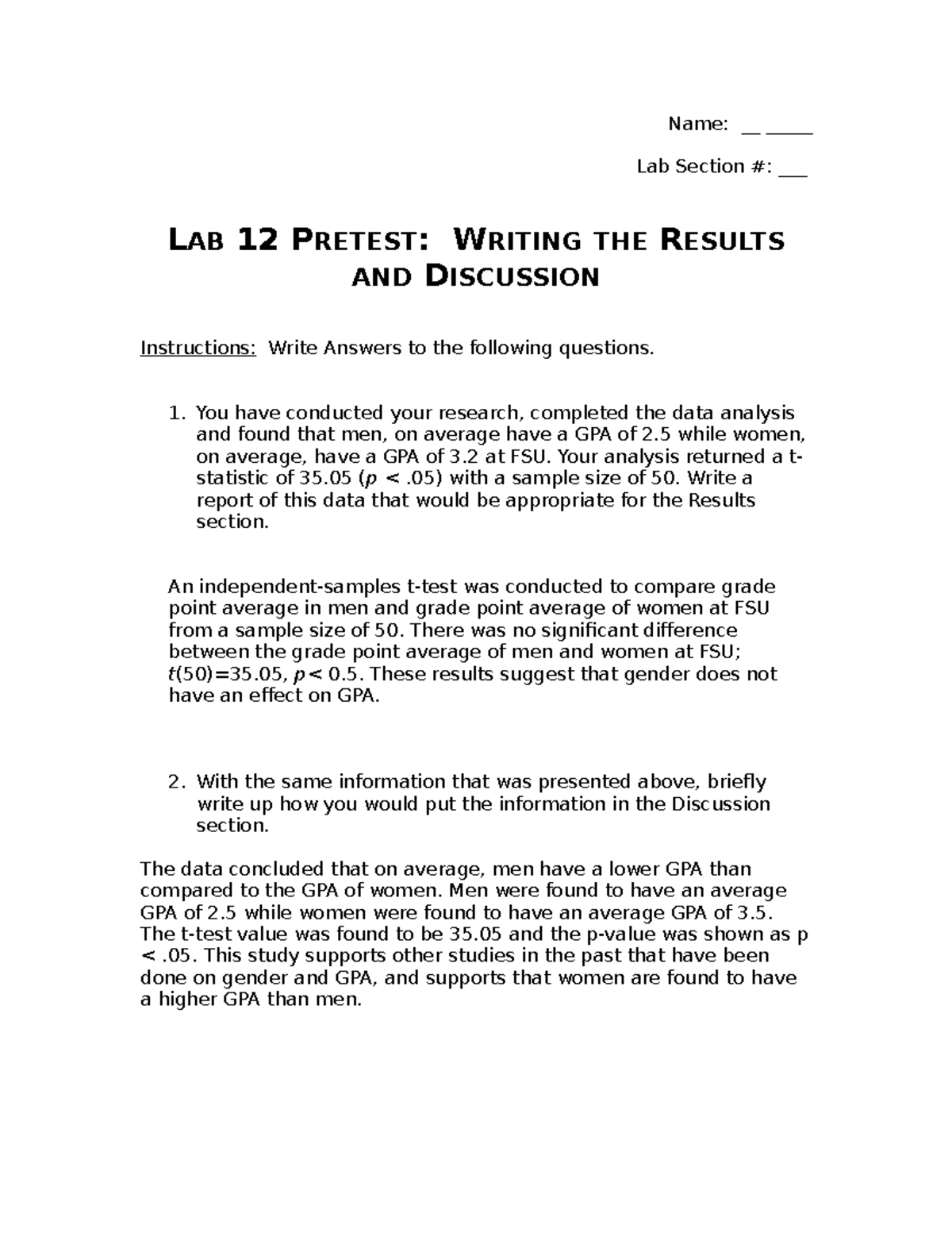 Lab 12 Pretest Research Methods - Name: __ _____ Lab Section ...