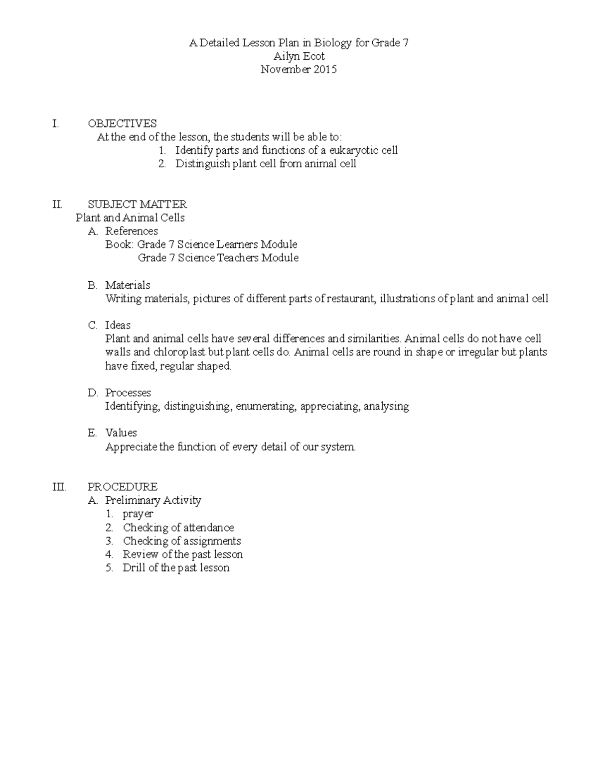 295857263 Plant and Animal Cell Lesson Plan doc - A Detailed Lesson ...
