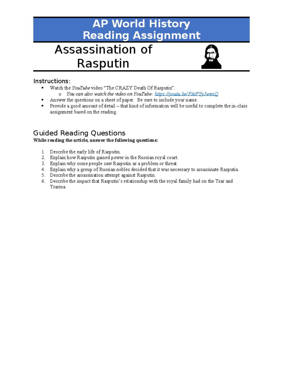 APWH - Unit 5 Reading 01 - Assassination of Rasputin - AP World History ...