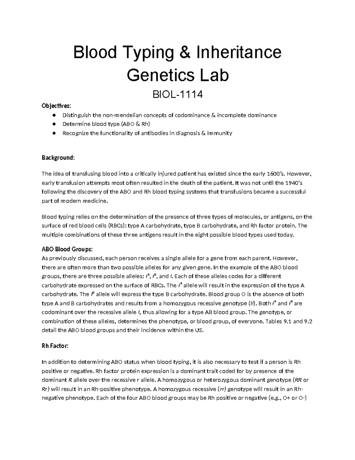 Blood Typing - Lab 7 - Blood Typing & Inheritance Genetics Lab BIOL ...