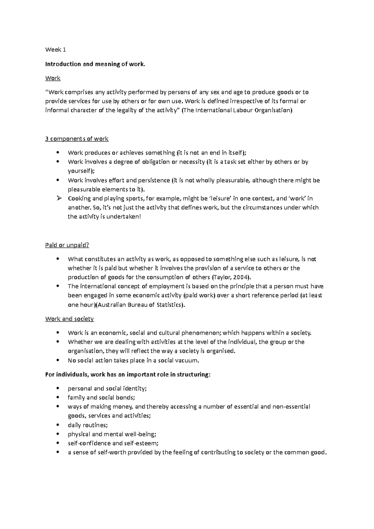 Week 1 - Lecture notes - Week 1 Introduction and meaning of work. Work ...