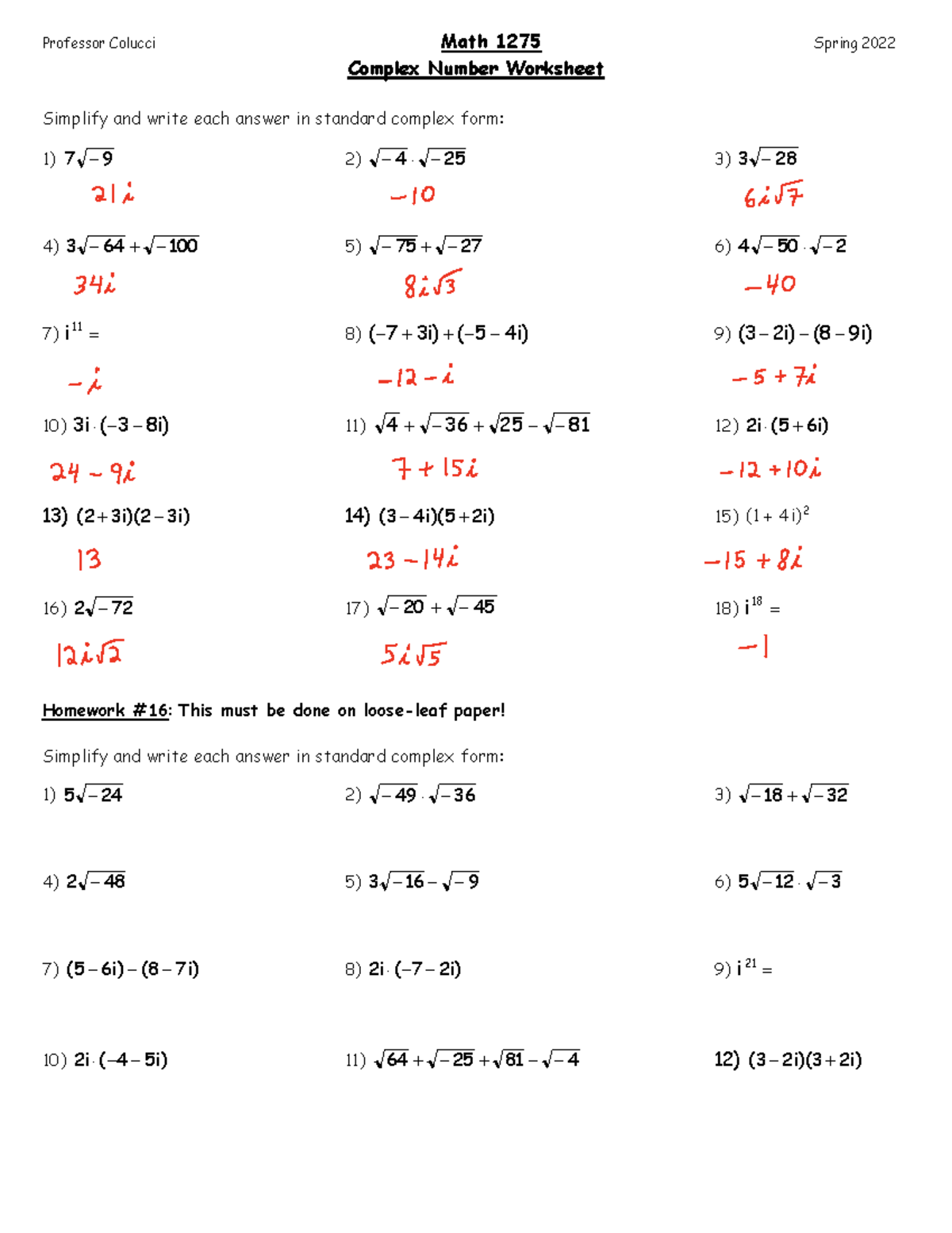 16 Complex Number WS - Professor Colucci Math 1275 Spring 2022 Complex ...