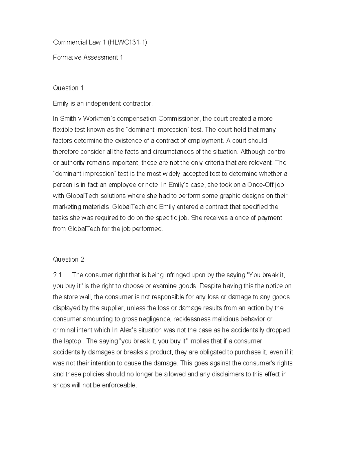 Commercial Law Formative Assessment 2 - Commercial Law 1 (HLWC131-1 ...