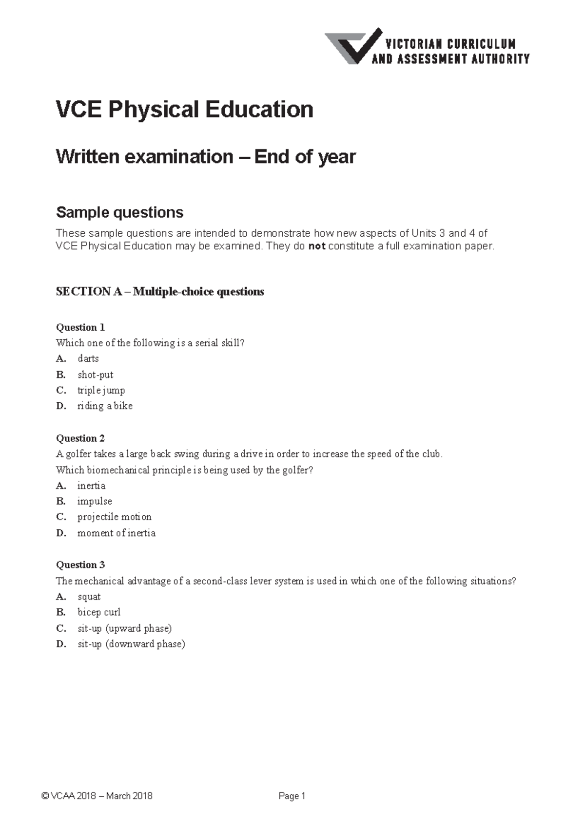 2018-vcaa-sample - 2018 VCAA Sample Exam paper - Physical education ...