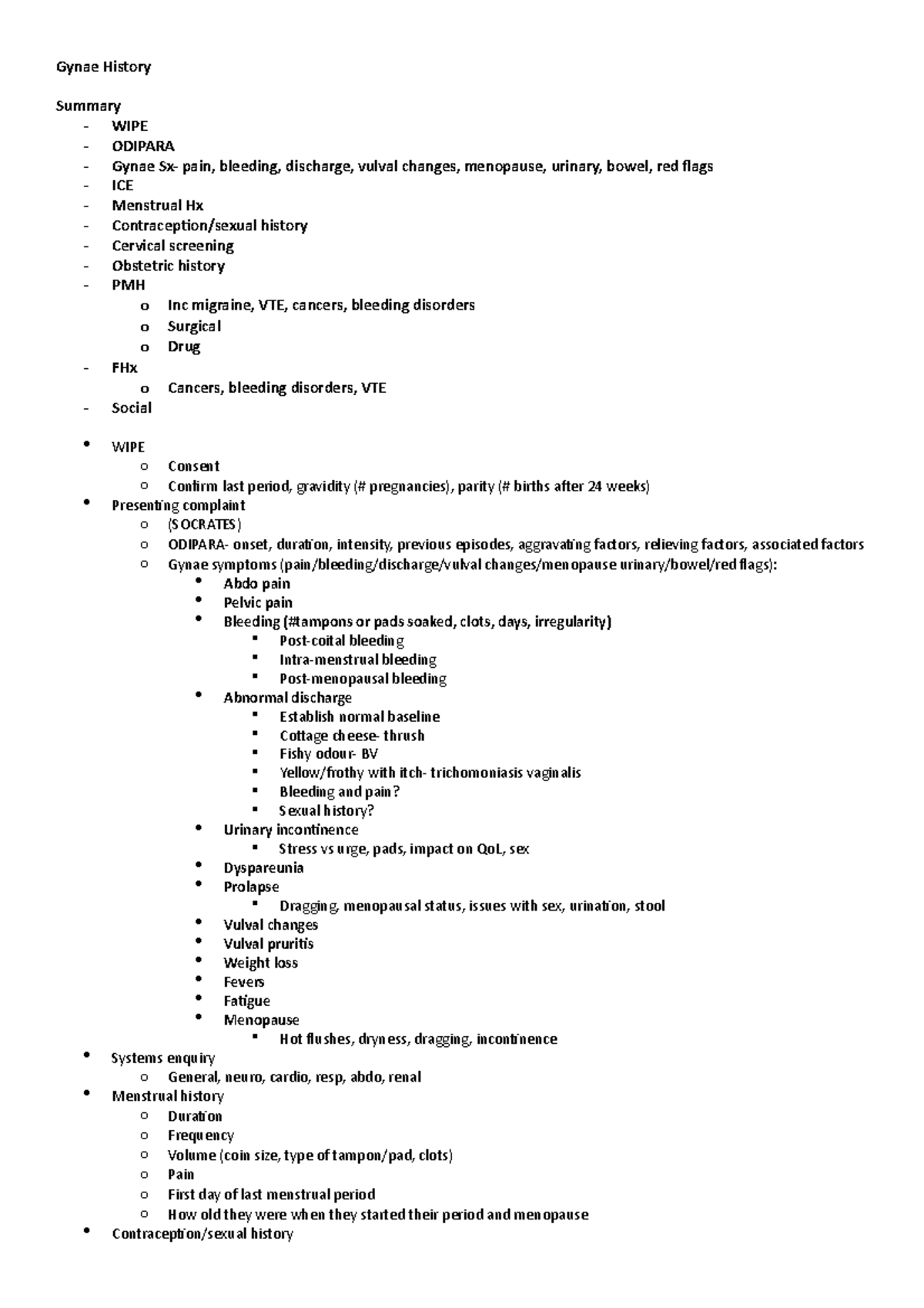Gynae History - Gynae History Summary - WIPE - ODIPARA - Gynae Sx- pain ...