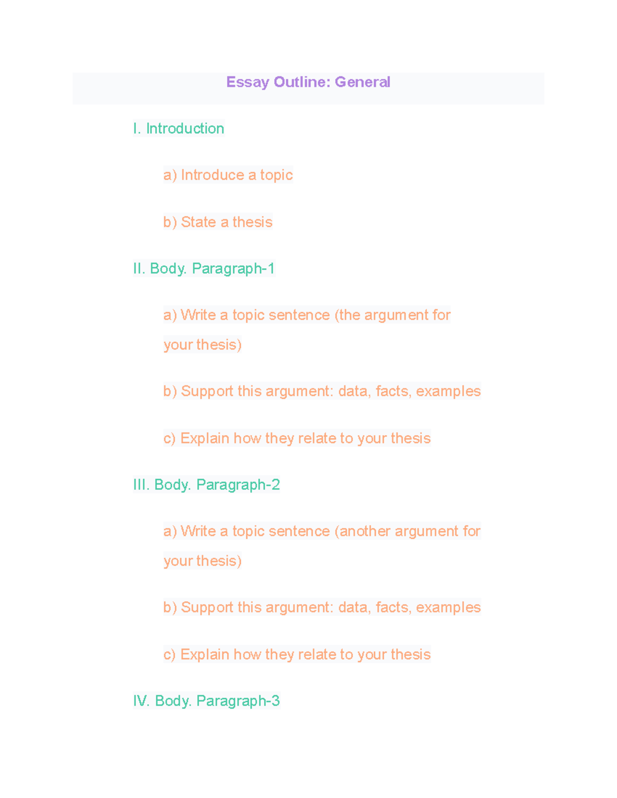 English 102 note-3 - Essay Outline: General I. Introduction a ...